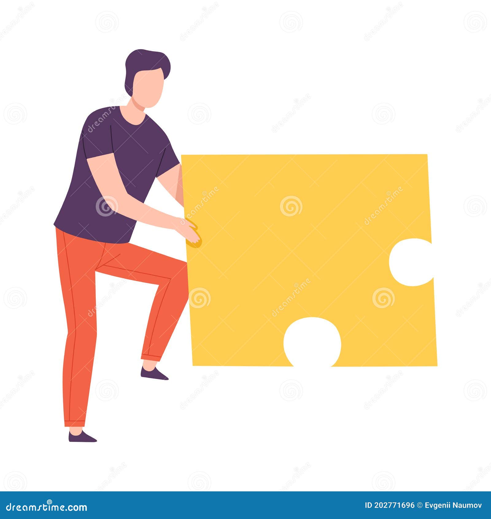 Man Connecting Puzzle Elements, Guy Holding Big Yellow Jigsaw Piece ...