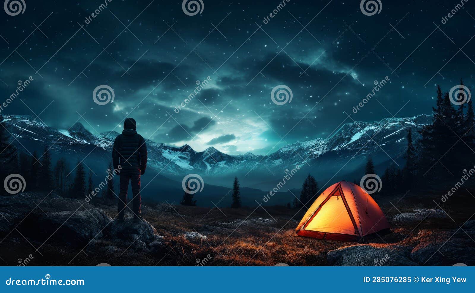 Man Conquering Fear of Darkness by Camping Alone Stock Illustration ...