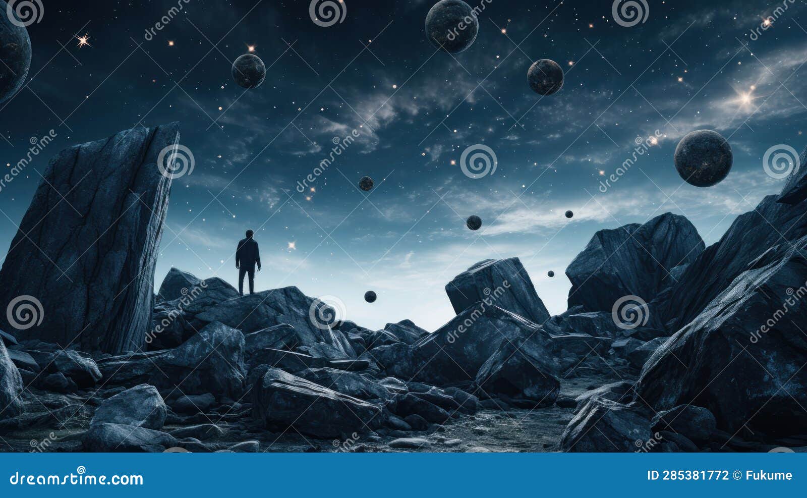 Man Conquers Space Rock Planet. Generative Ai Stock Illustration ...
