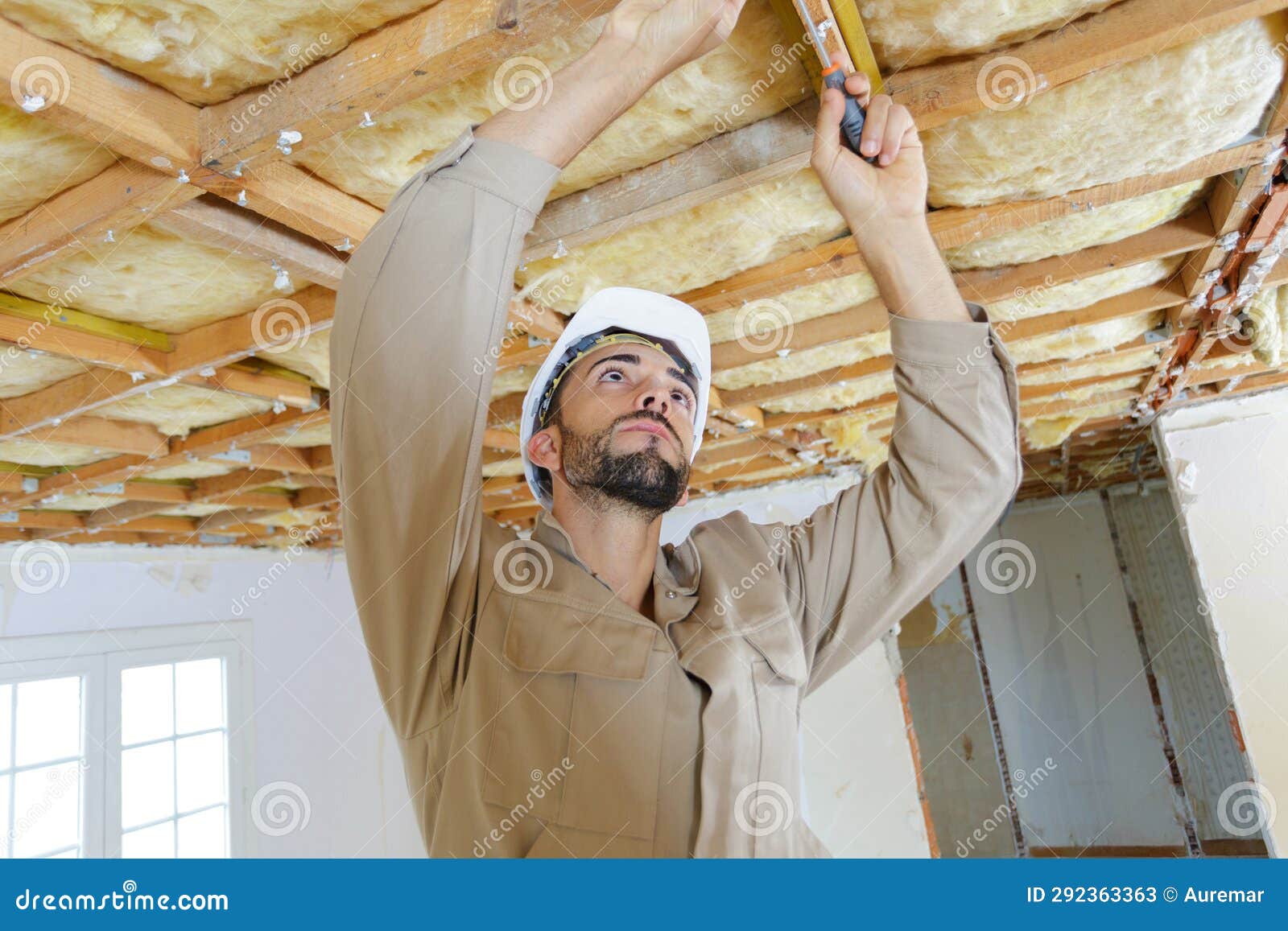 Man and Construction Ceiling Works Stock Image - Image of mesh, repair ...