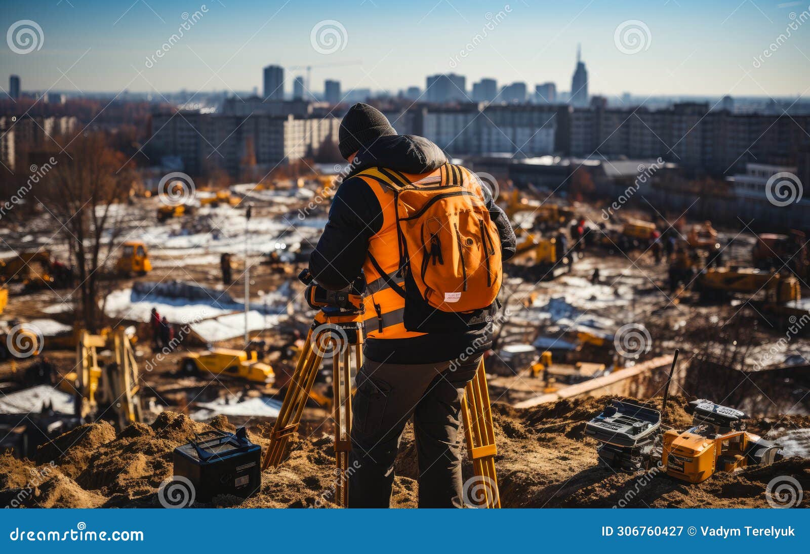 A Man with Construction Tools and a Backpack. Construction Worker Using ...