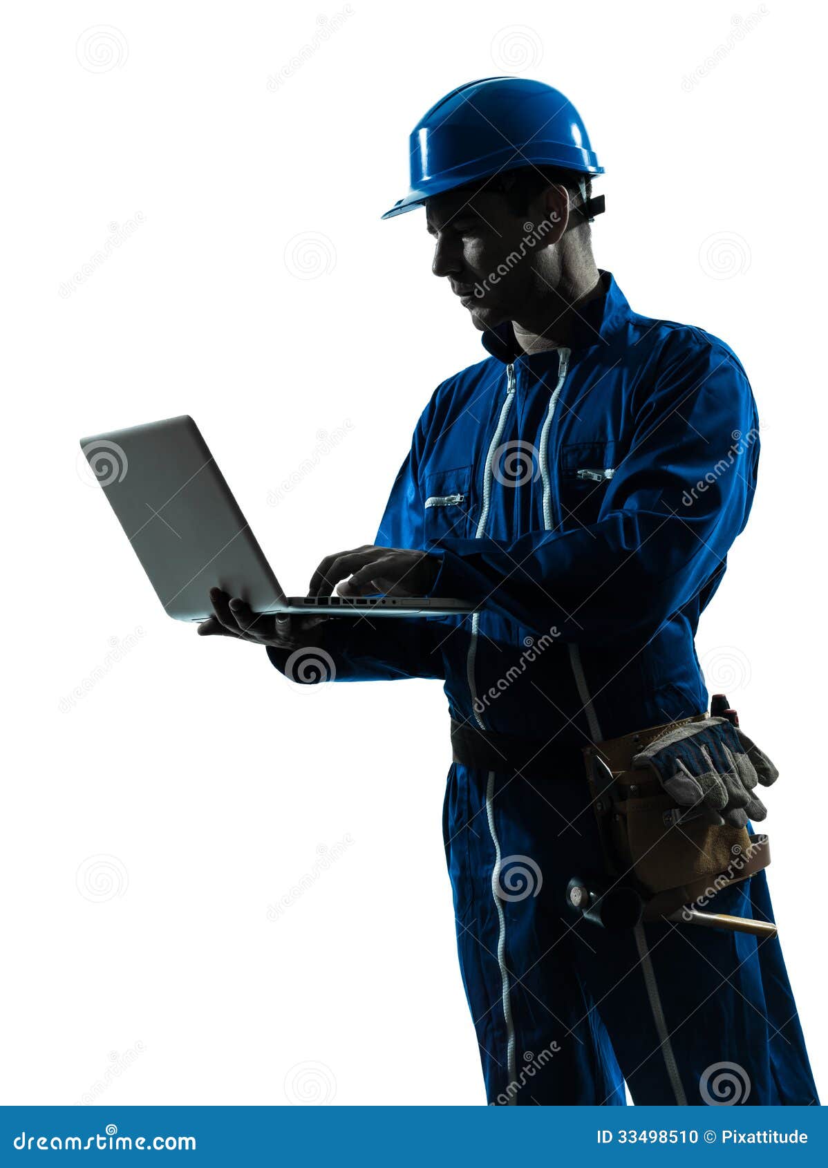 Man Construction Worker Computing Computer Silhouette Portrait Stock ...