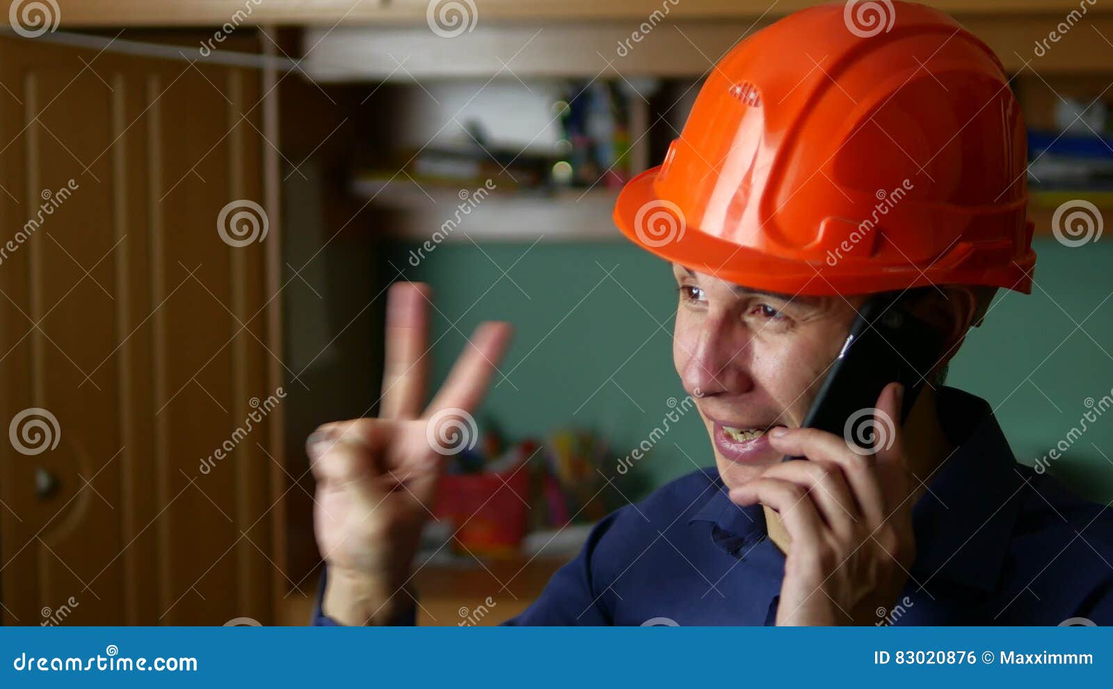 Man Construction Worker in Hard Hat Talking on Phone Smartphone Indoor ...