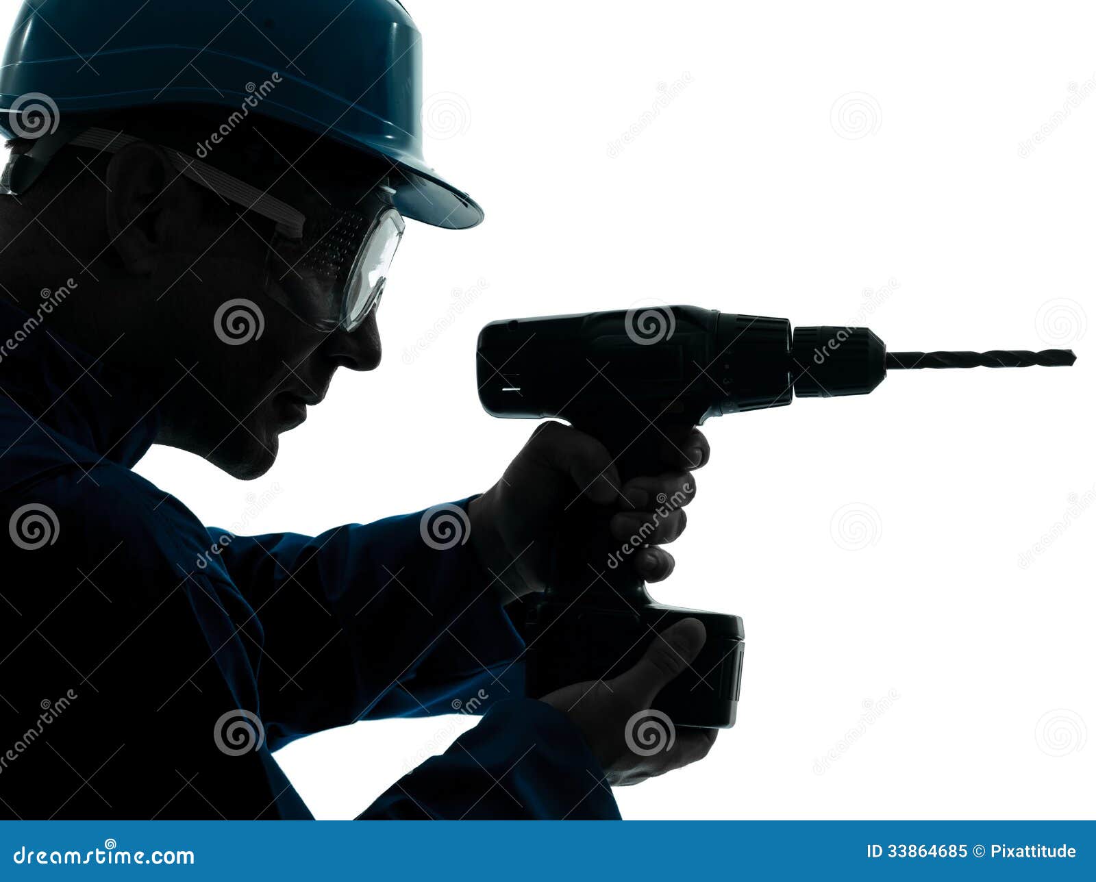 Man Construction Worker Holding Drill Silhouette Stock Image - Image of ...