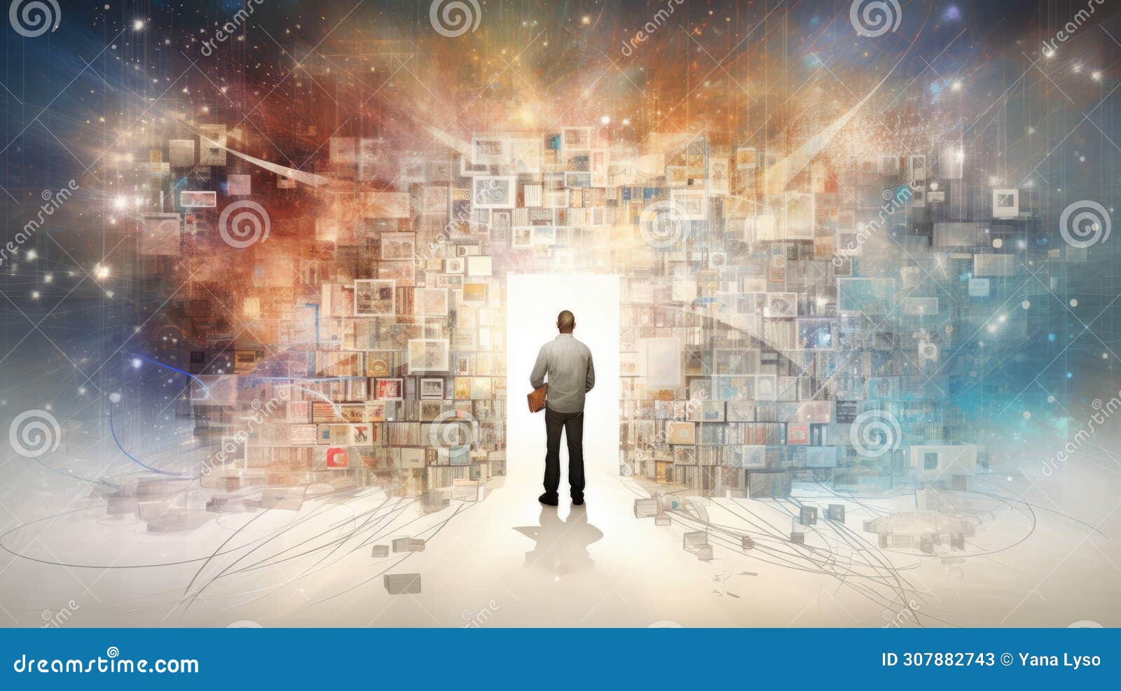 Man Contemplates an Expansive Cosmic Library, Symbolizing the Infinite ...