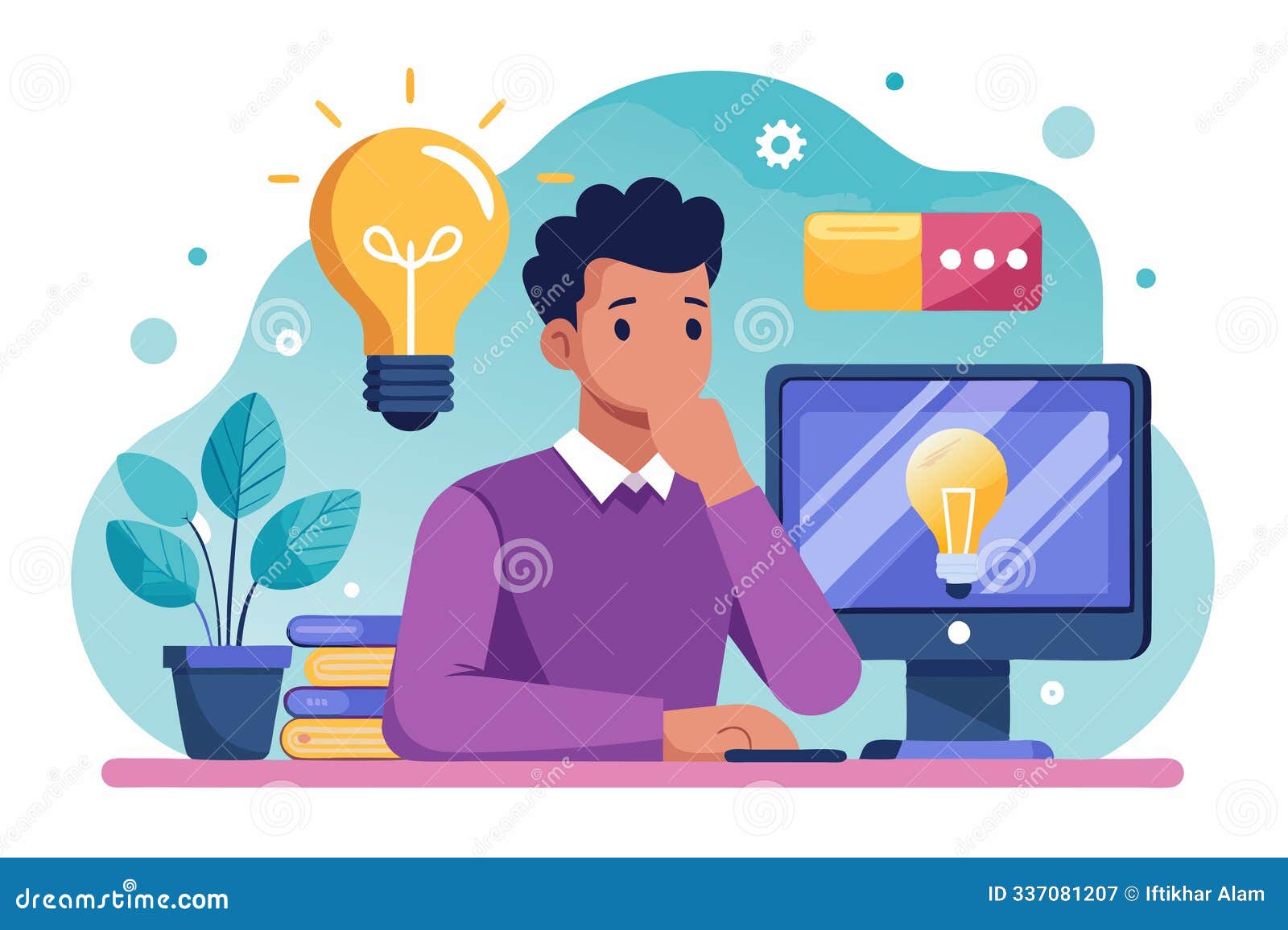 A Man Contemplates Ideas As a Light Bulb Appears beside His Computer ...