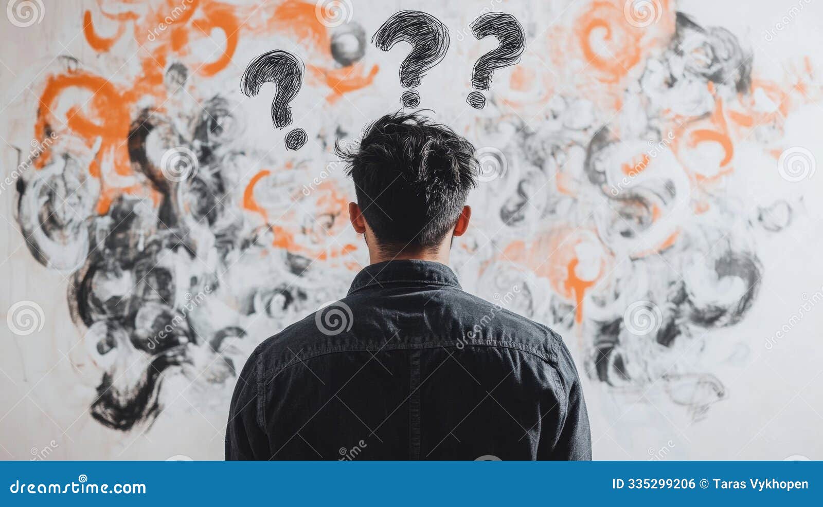 A Man Contemplating with Question Marks Above His Head in a Creative ...