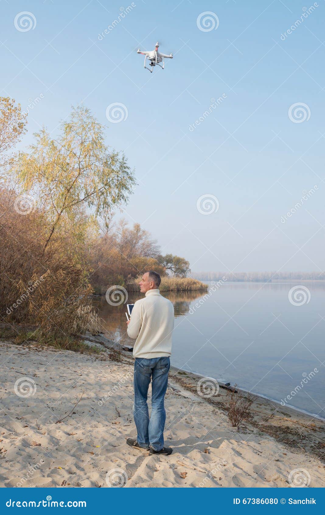 Man Control a Flying Drone. Back View. Stock Photo - Image of ...