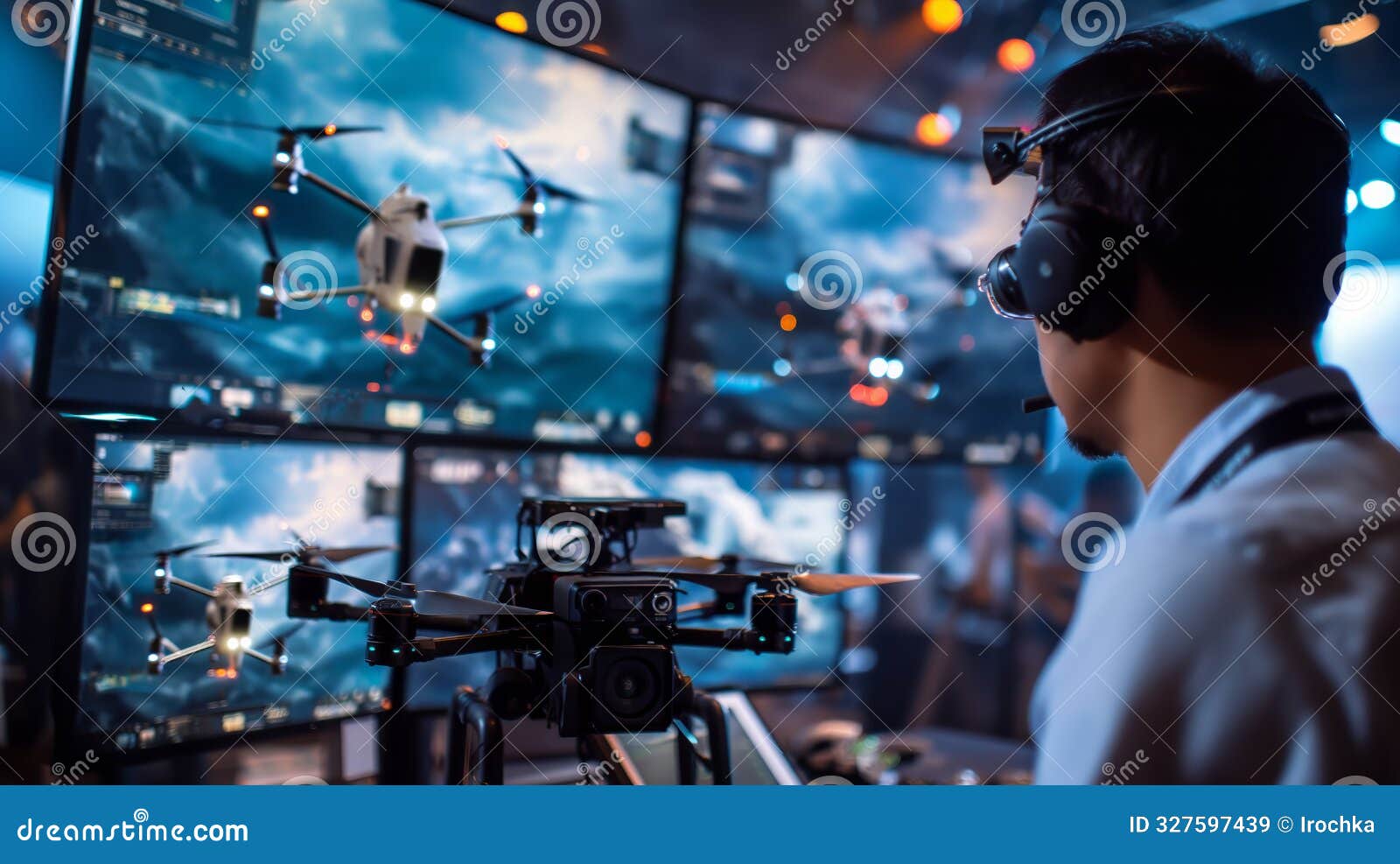 Man Controlling Drones in Exhibition Hall Stock Image - Image of data ...
