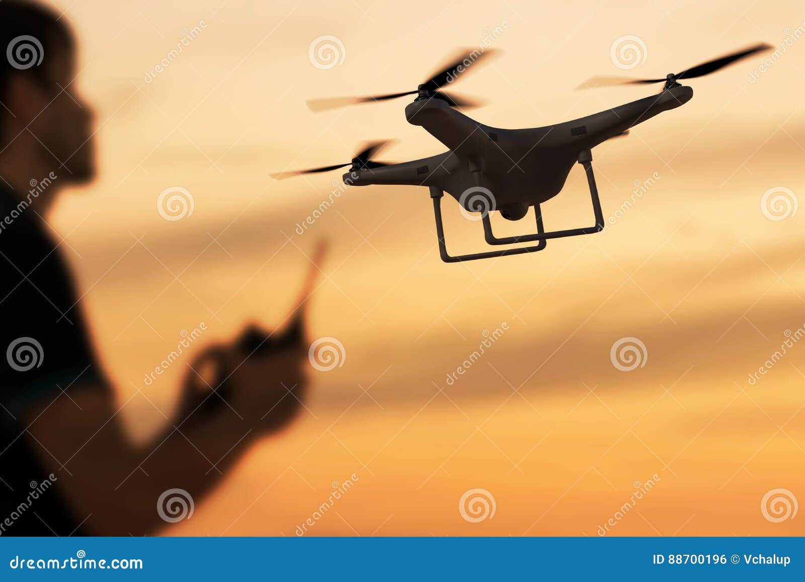 Man is Controlling Flying Drone at Sunset. 3D Rendered Illustration of ...
