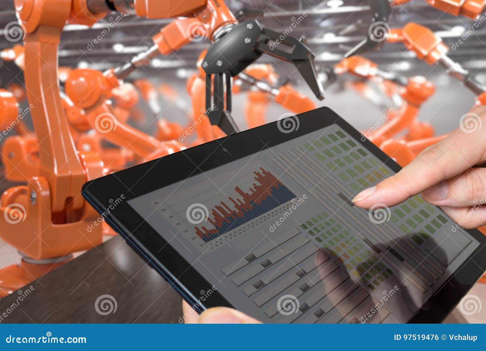 Man is Controlling Robotic Arms with Tablet. Automation and Industry 4 ...