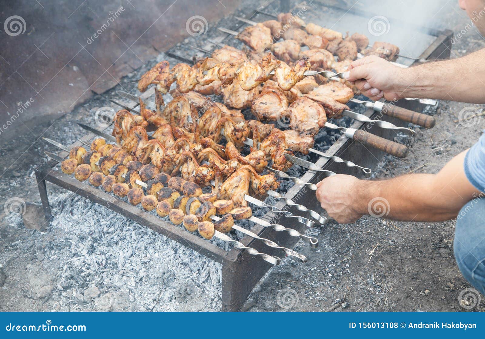 Man Cooking Barbecue Meat in Outdoors Stock Photo - Image of eating ...