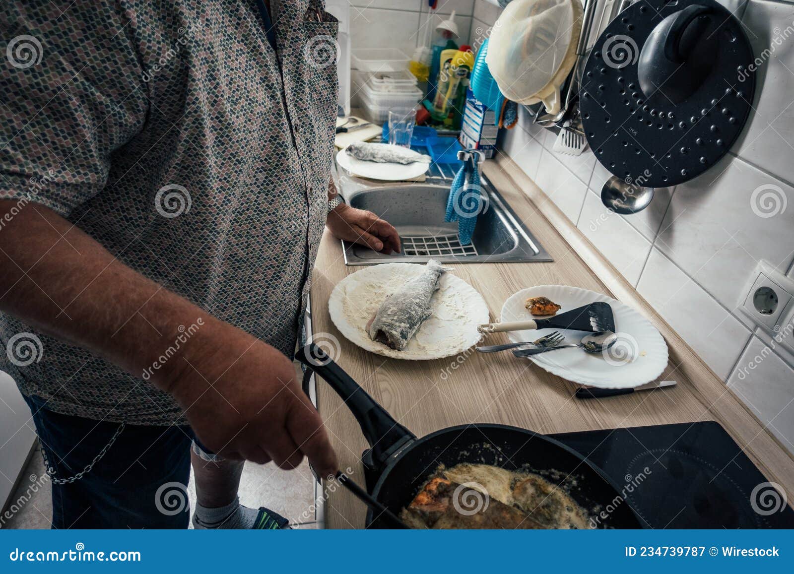 Man Cooking Fish in the Kitchen. Stock Image - Image of recipe, healthy ...