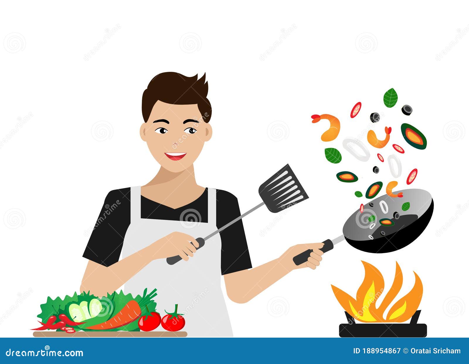 Man Cooking Seafood in Kitchen at Home Stock Illustration ...
