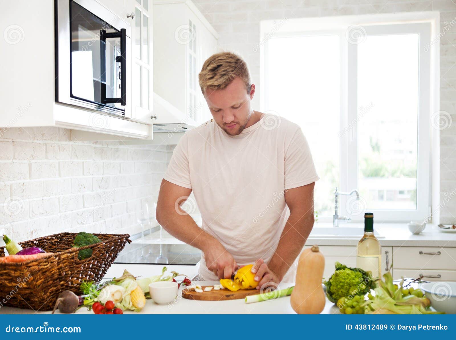 Man Cooking at Home Preparing Salad in Kitchen Stock Image - Image of ...