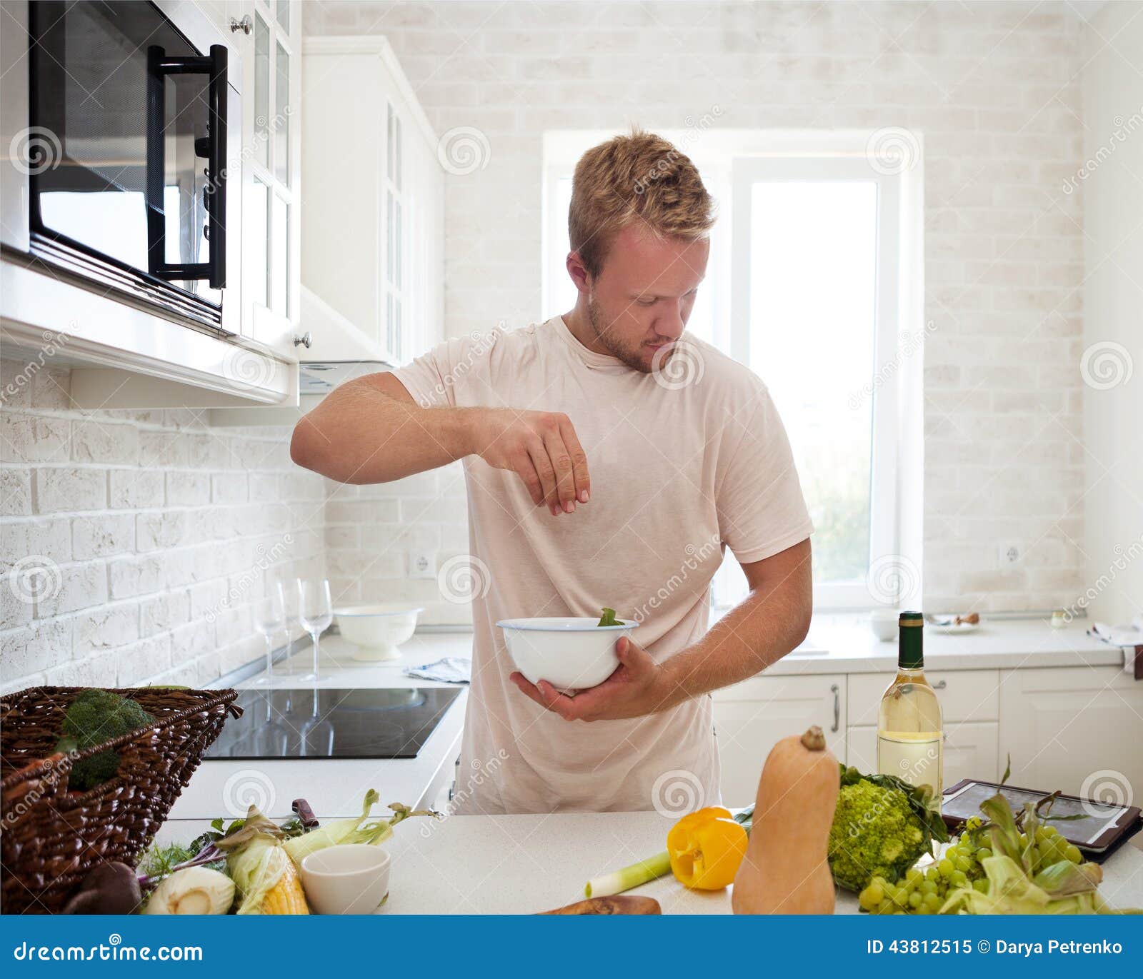 Man Cooking at Home Preparing Salad in Kitchen Stock Image - Image of ...