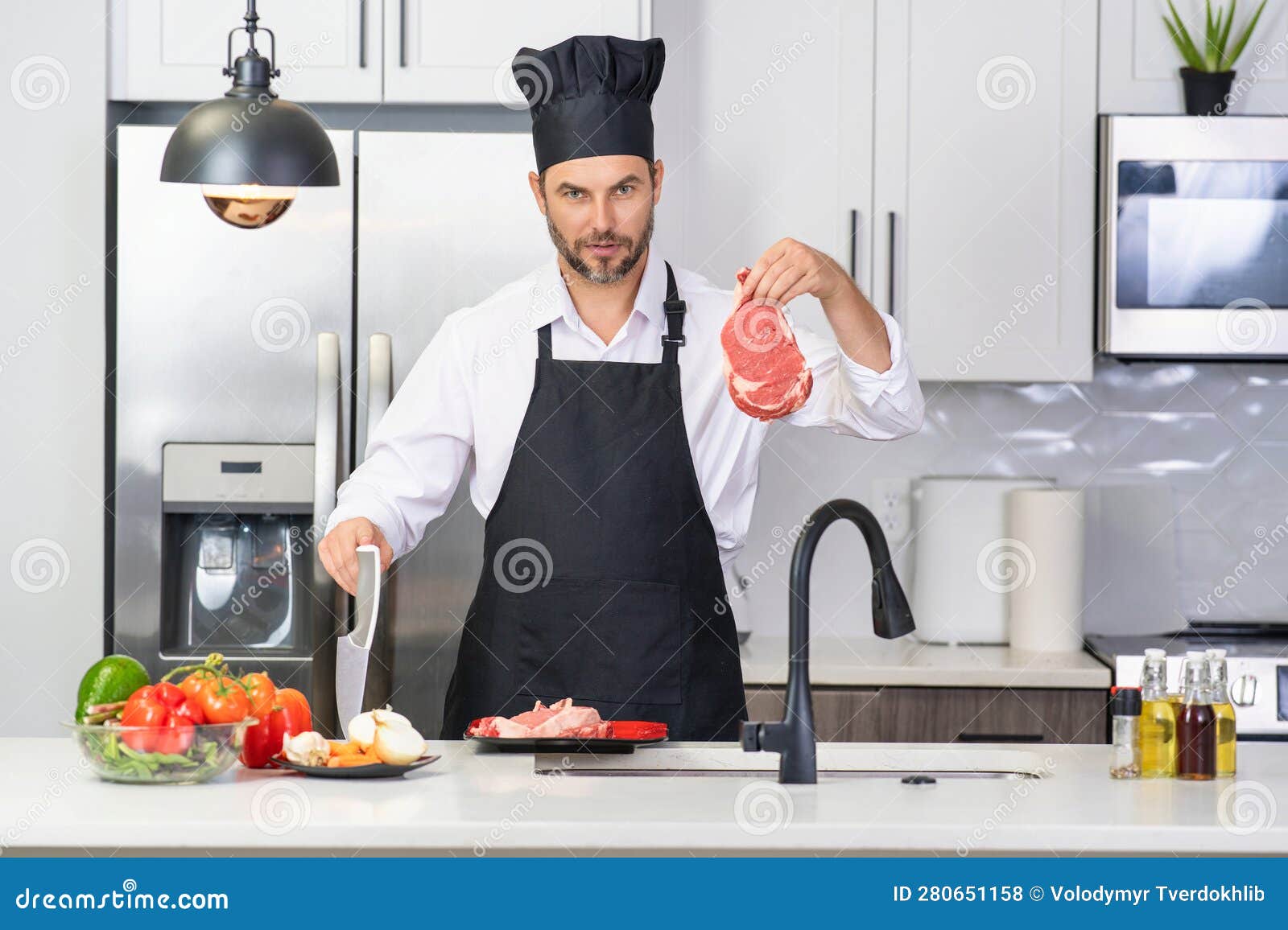 Man Cooking in Modern Kitchen. Man Doing Housework at Home, Preparing ...