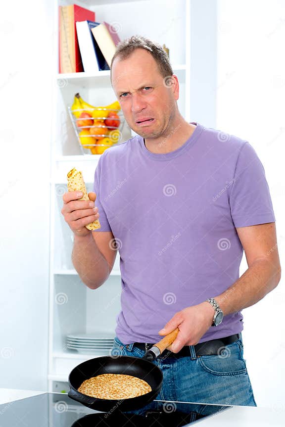 Man Cooking Pancake in the Kitchen Stock Image - Image of pancakes ...