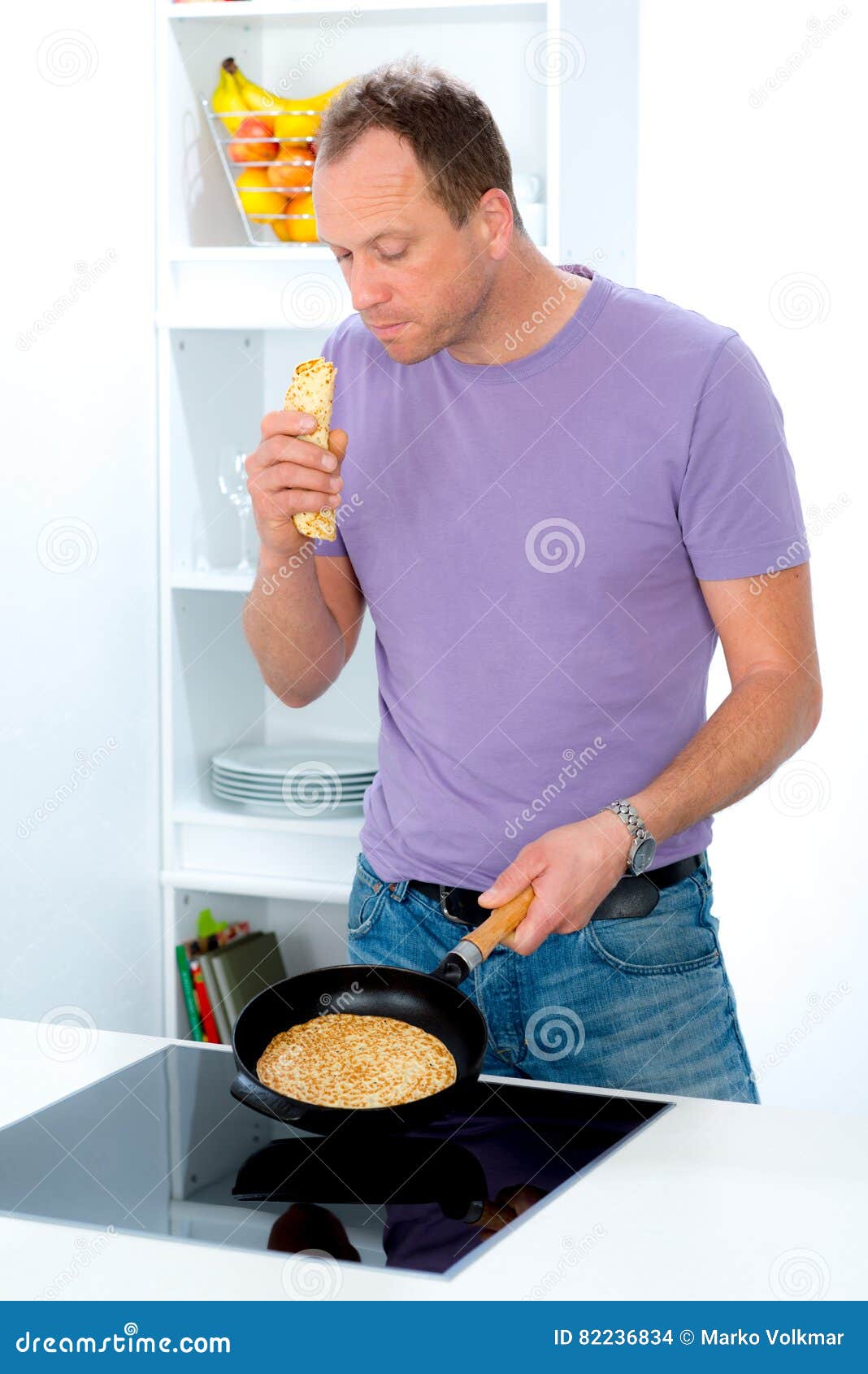 Man Cooking Pancake in the Kitchen Stock Photo - Image of pancake ...