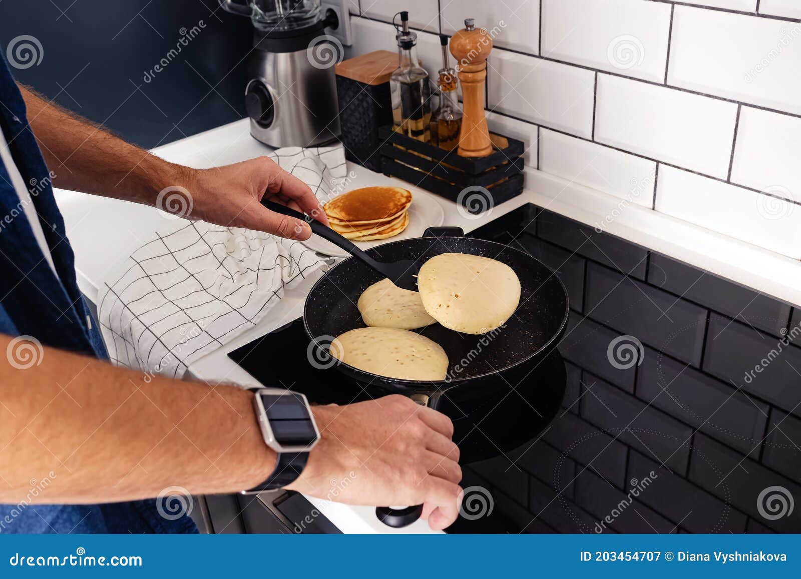 Man Cooking Pancakes for Breakfast or Brunch Stock Image - Image of ...