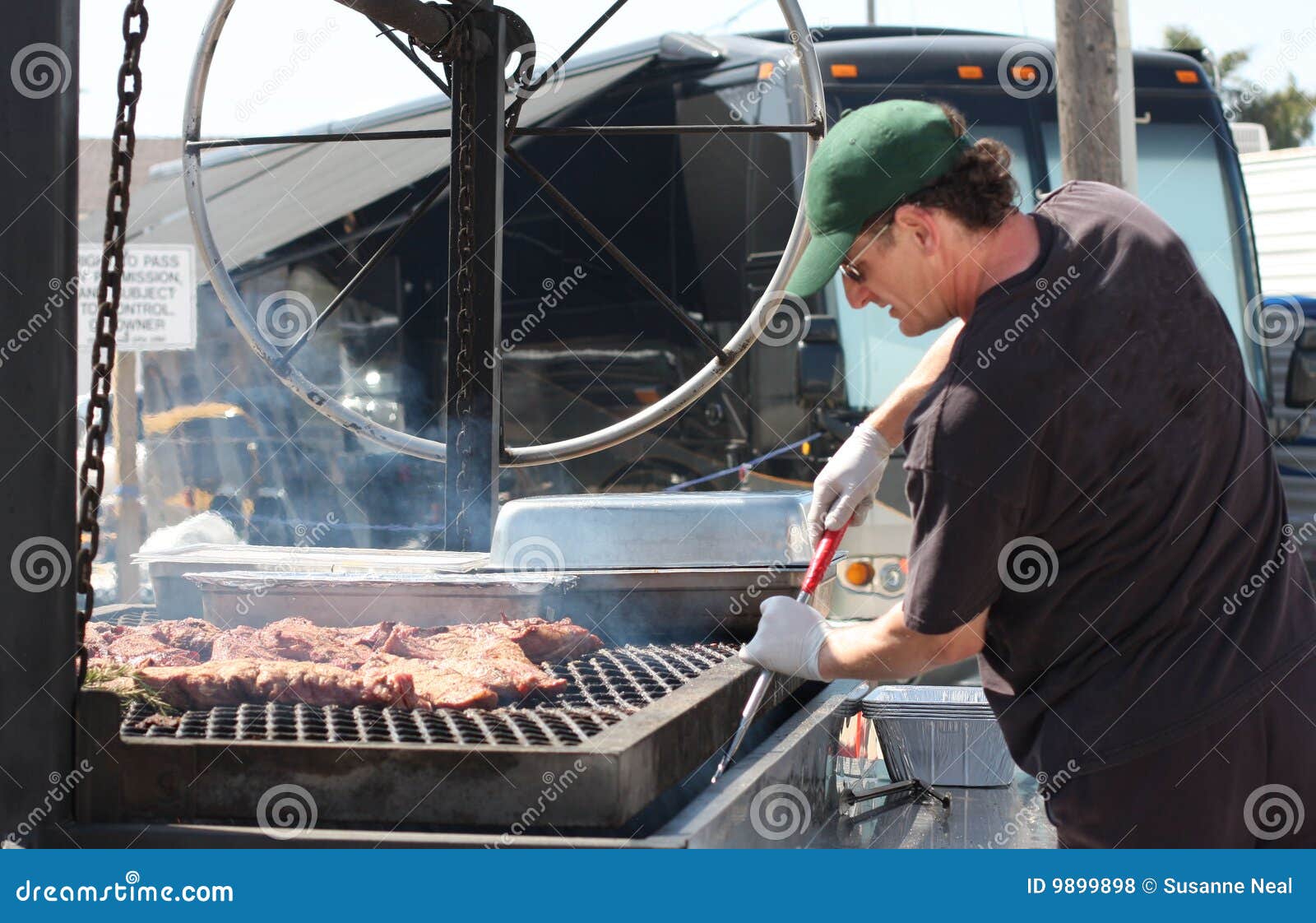 Man Cooks Steaks on an Outdoor Grill Stock Photo - Image of flip ...