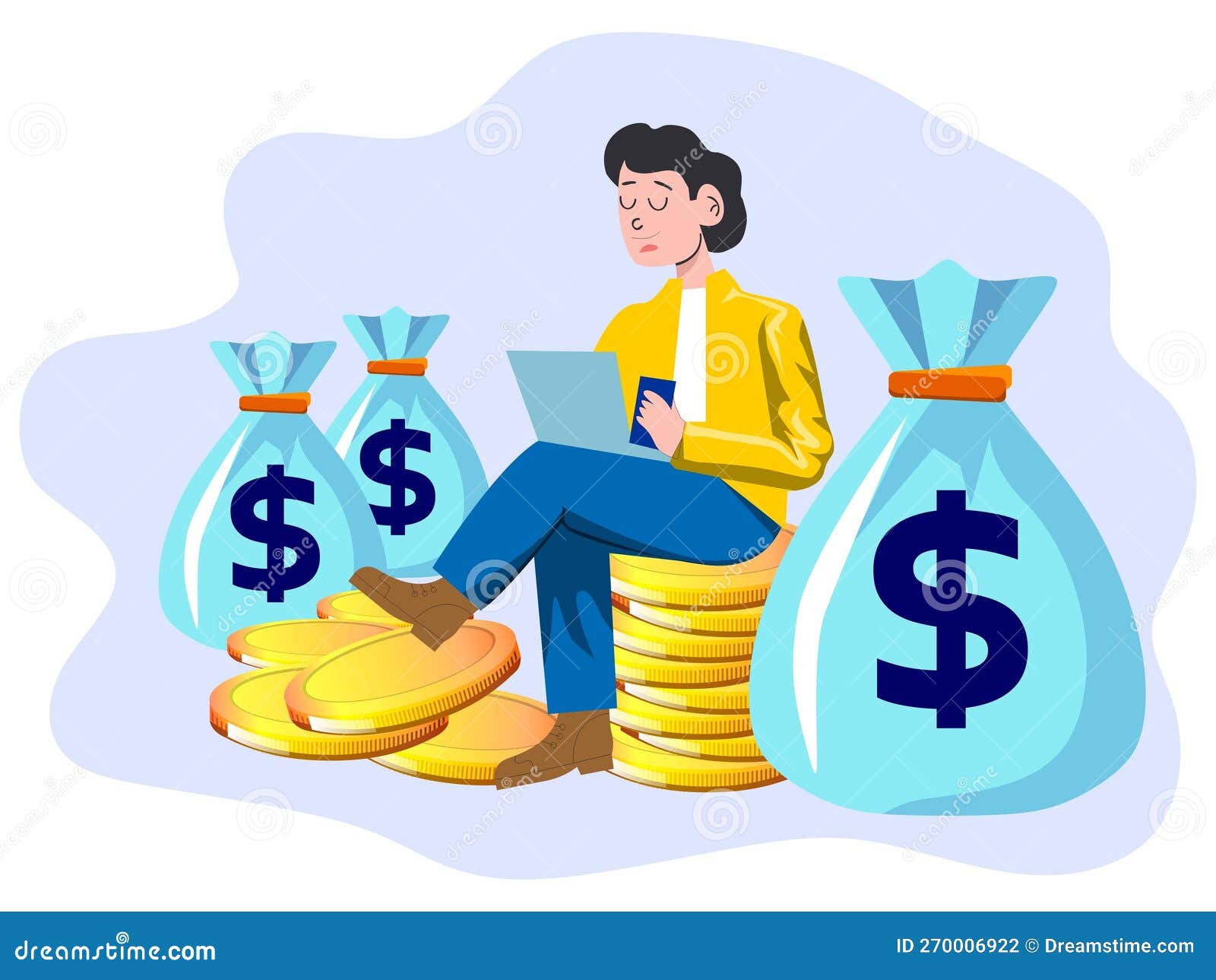 Man Counting Money in Bag Sitting on Stack of Coins Stock Vector ...