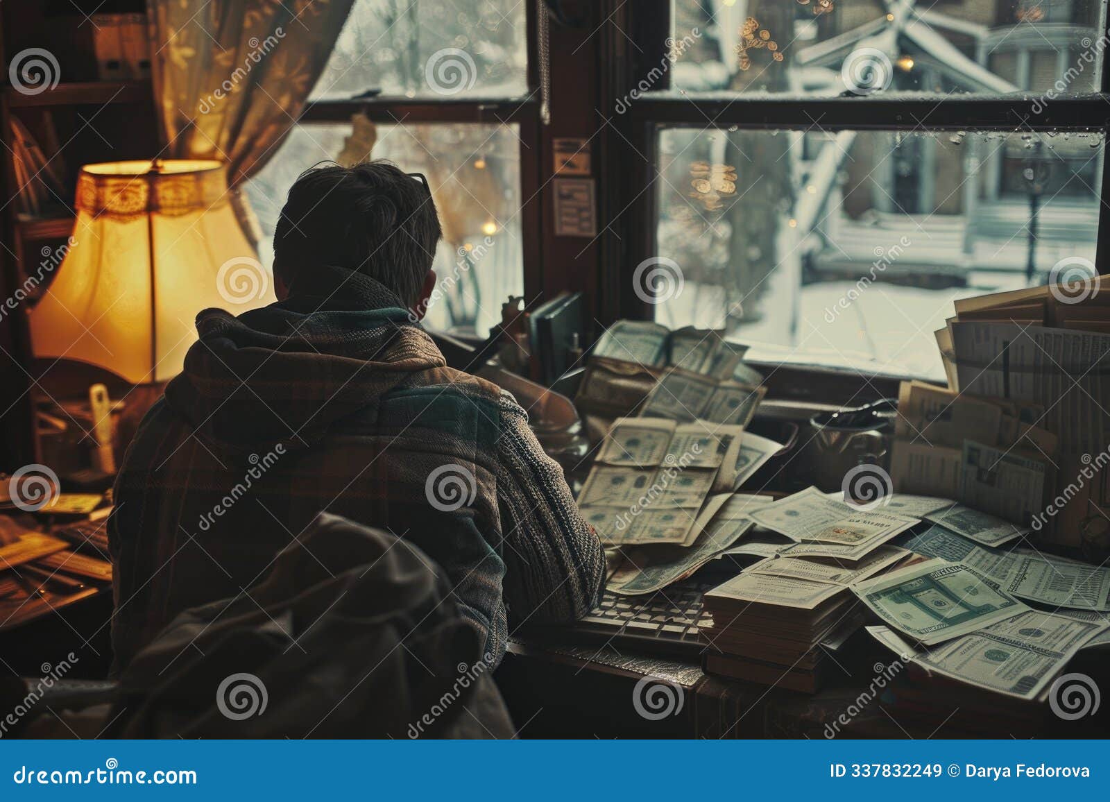 Man Counting Money at Desk in Cozy Winter Setting with Lamp Light Stock ...