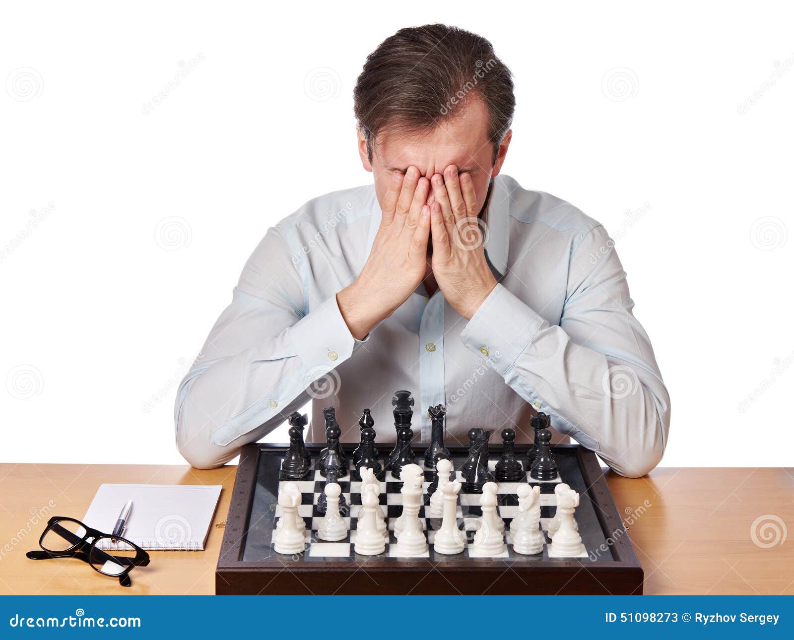 Man Covered Face with His Hands in Heavy Chess Game Stock Image - Image ...