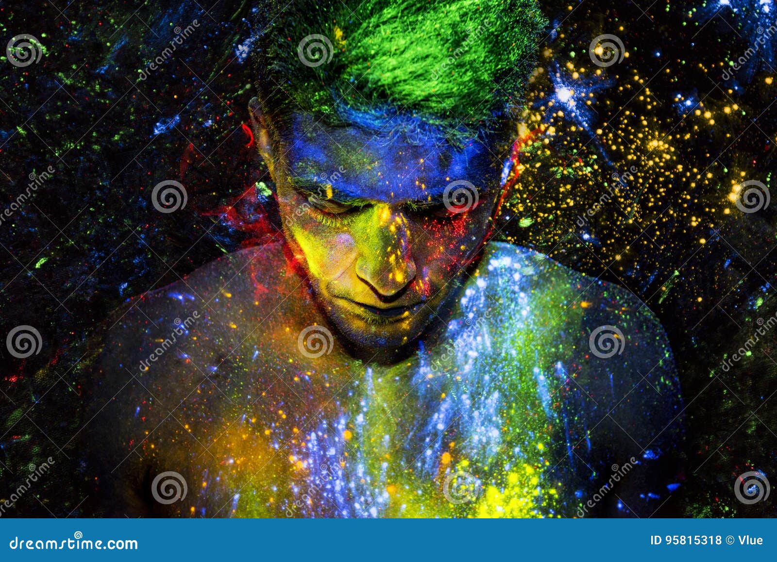 Man Covered in Glowing Colorful Powder Stock Photo - Image of magical ...