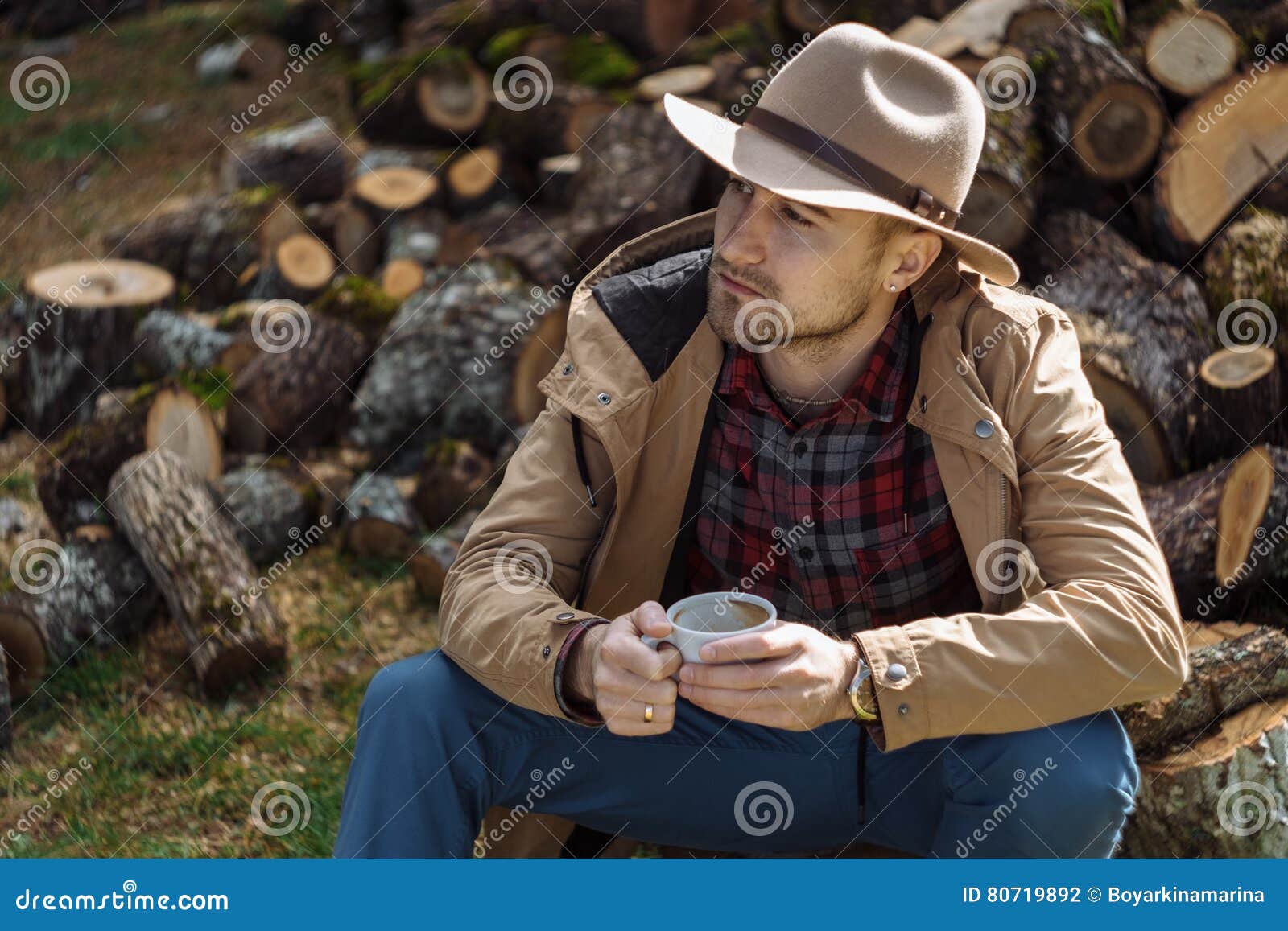Man Cowboy Hat Drinking Morning Coffee in Countryside Stock Photo ...
