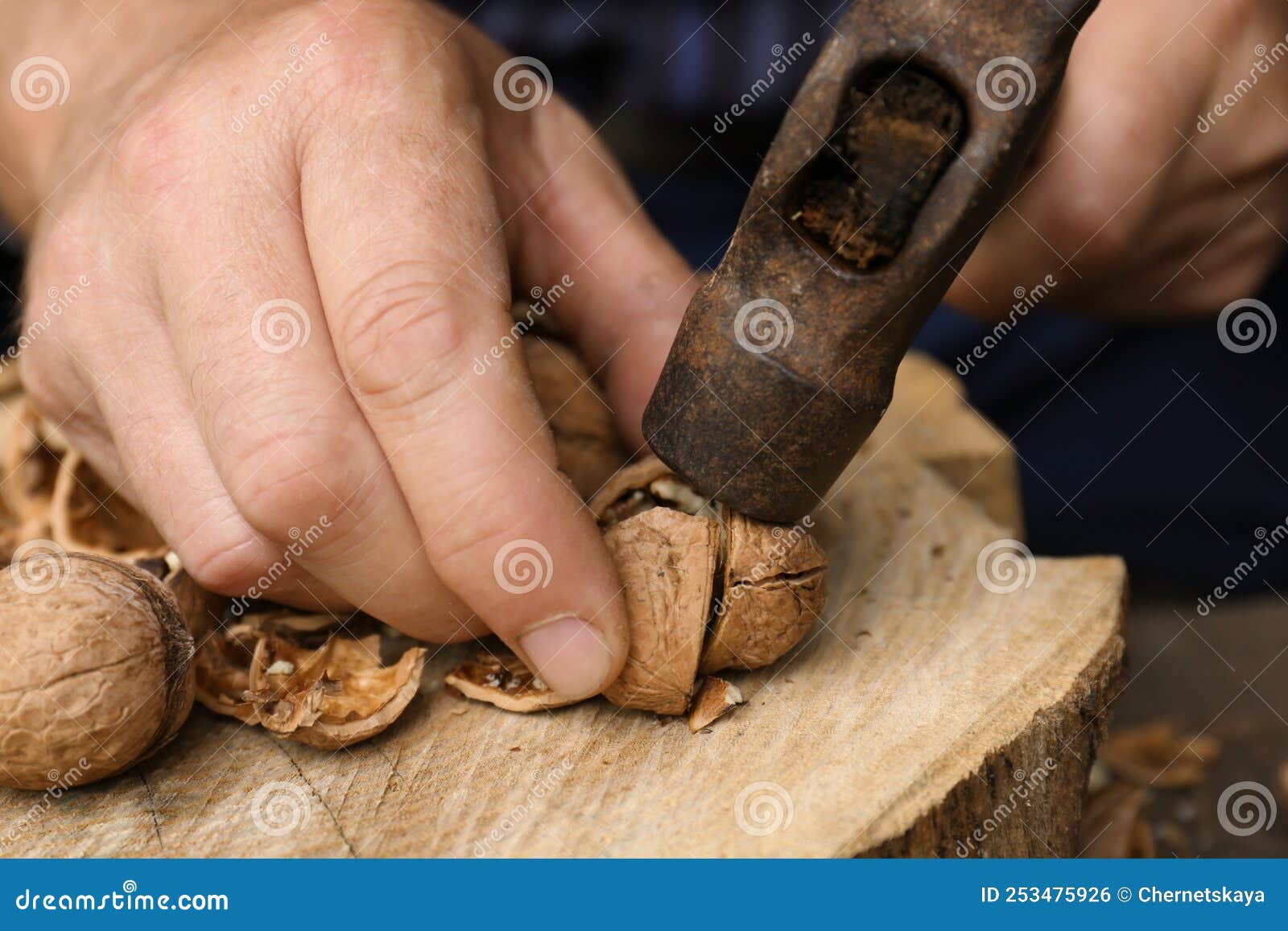 Man Cracking Walnuts with Hammer at Table, Closeup Stock Photo - Image ...