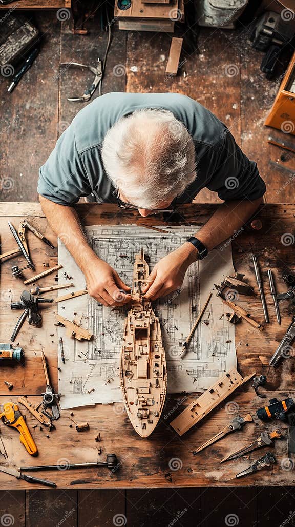Man Crafts Model Ship Surrounded by Tools in Workshop Stock Photo ...