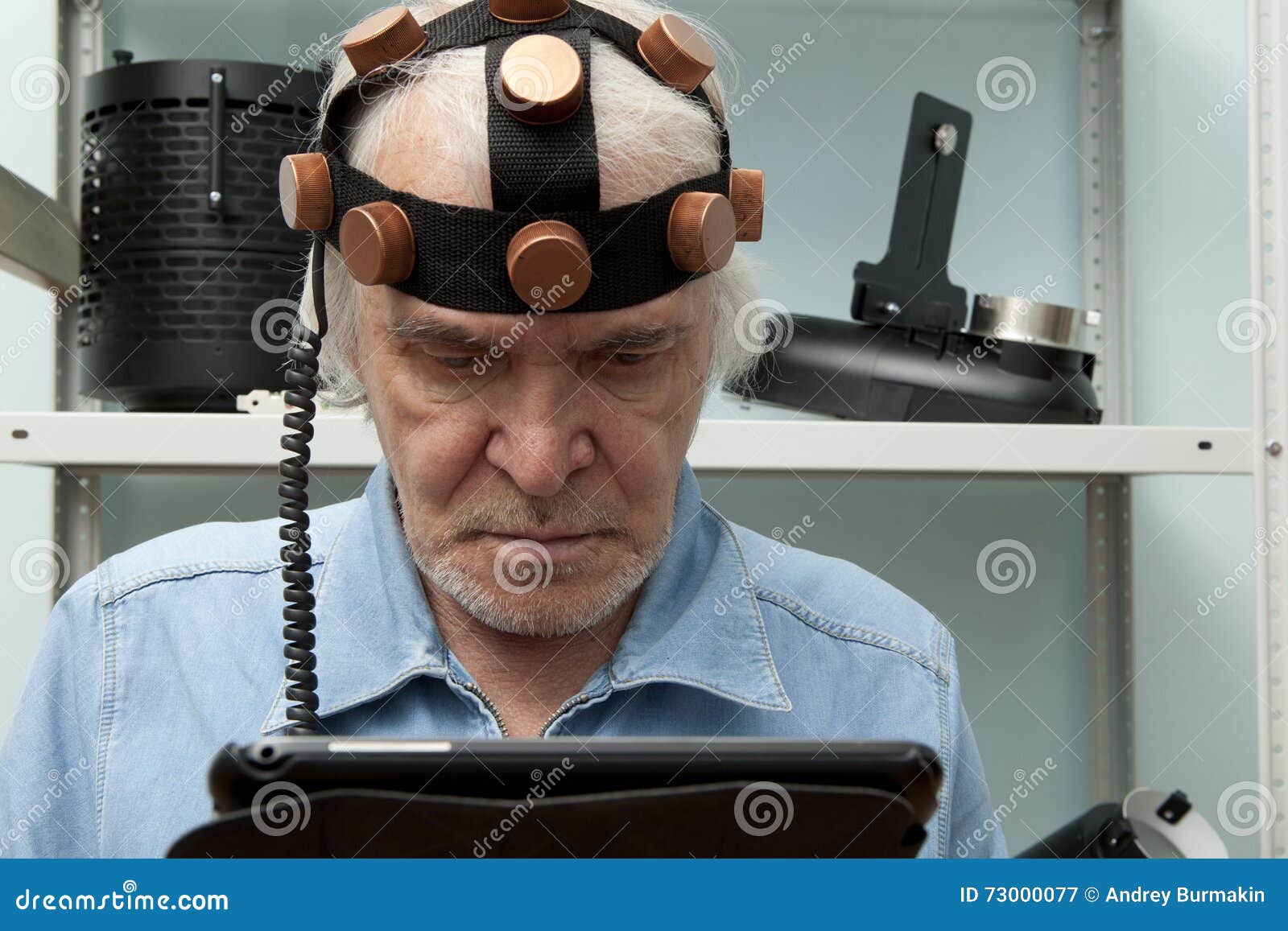 Man Crazy Inventor Wearing a Helmet Brain Research Stock Image - Image ...