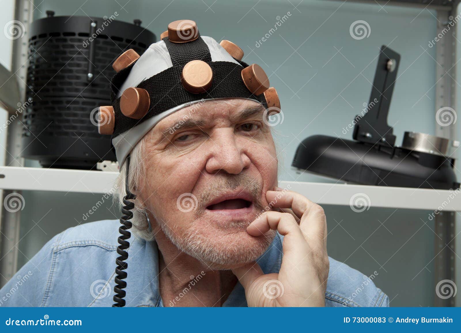 Man Crazy Inventor Wearing a Helmet Brain Research Stock Image - Image ...