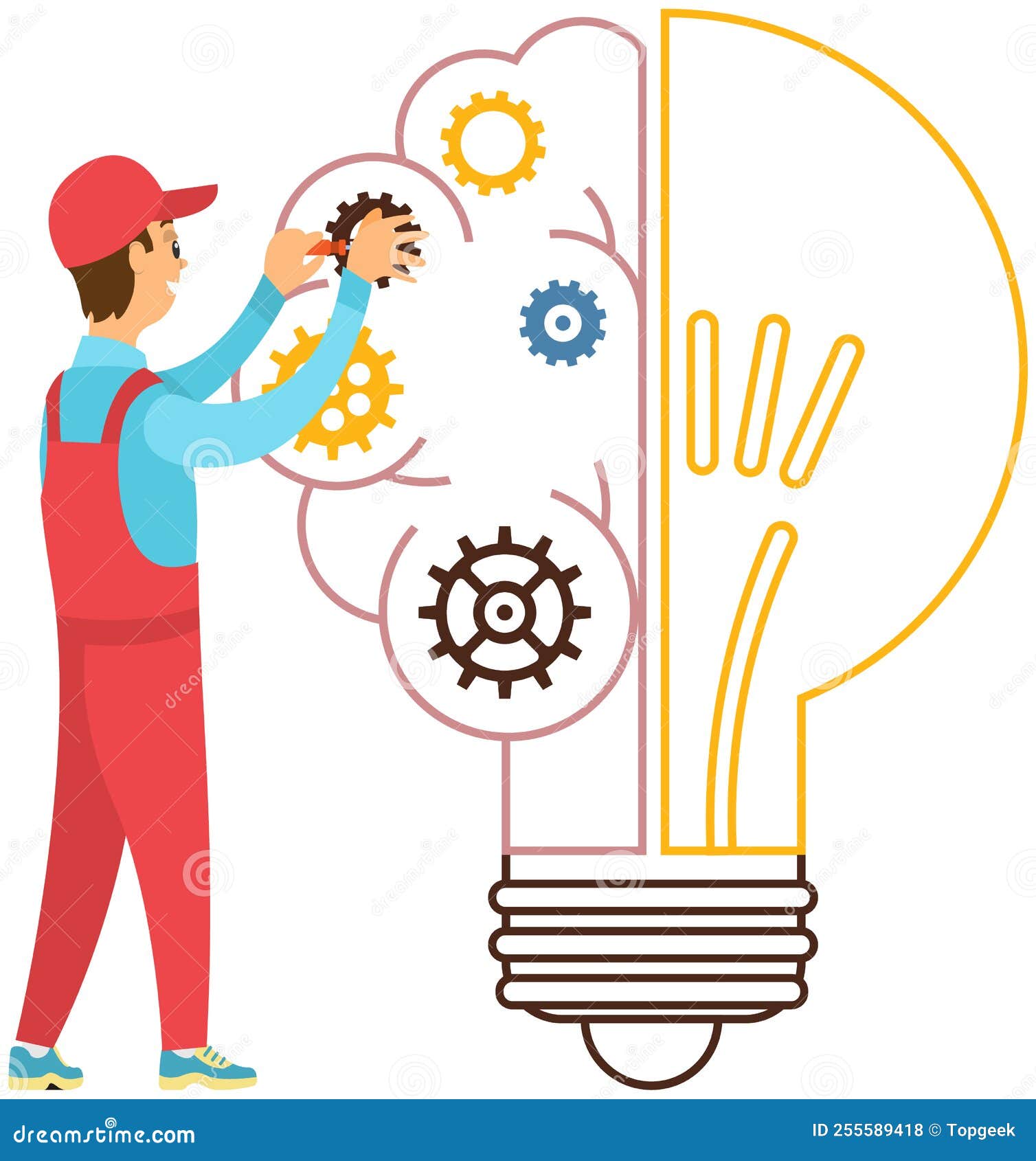 Man Creates New Idea. Light Bulb with Gears. Creation of Solution ...
