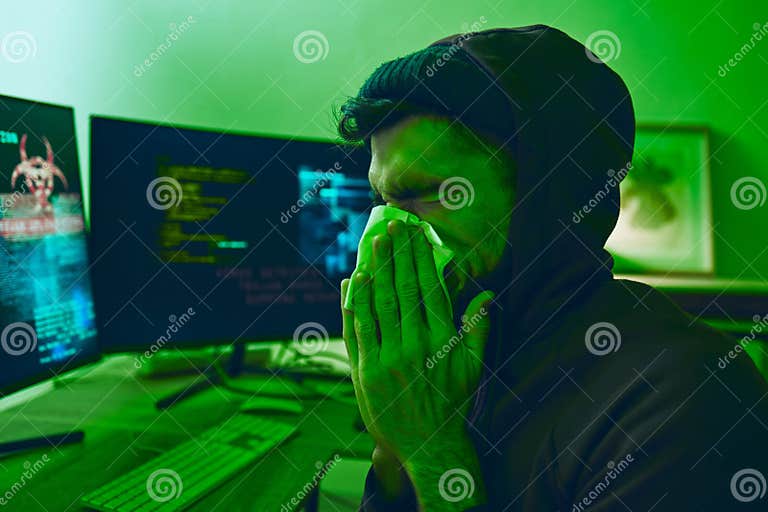 Man, Crime or Sick Hacker with Virus in Office for Coding, Online Fraud ...