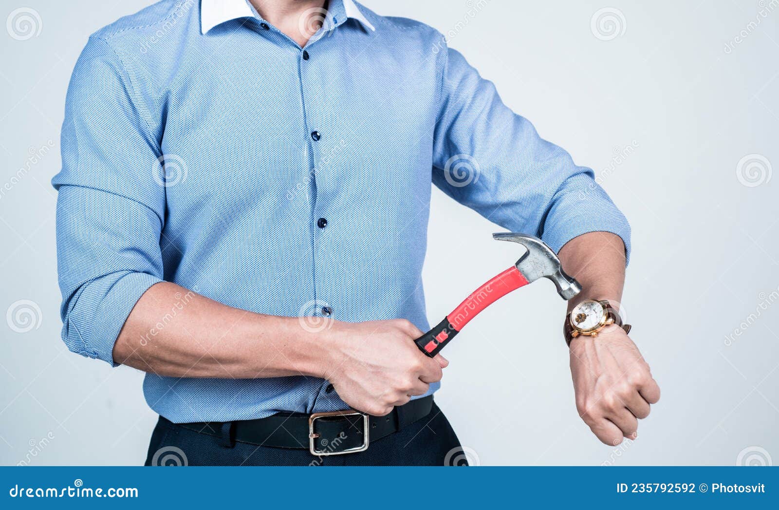 Man Cropped View Break Wrist Watch with Hammer, Beat the Clock Stock ...