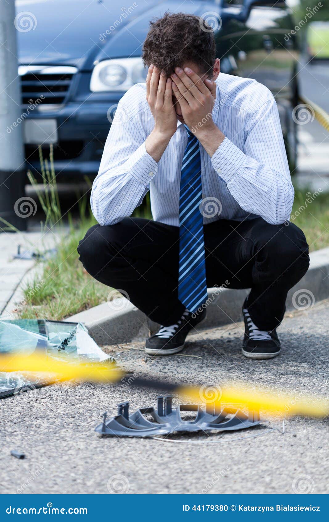 Man Crying at Accident Scene Stock Photo - Image of broken, tape: 44179380