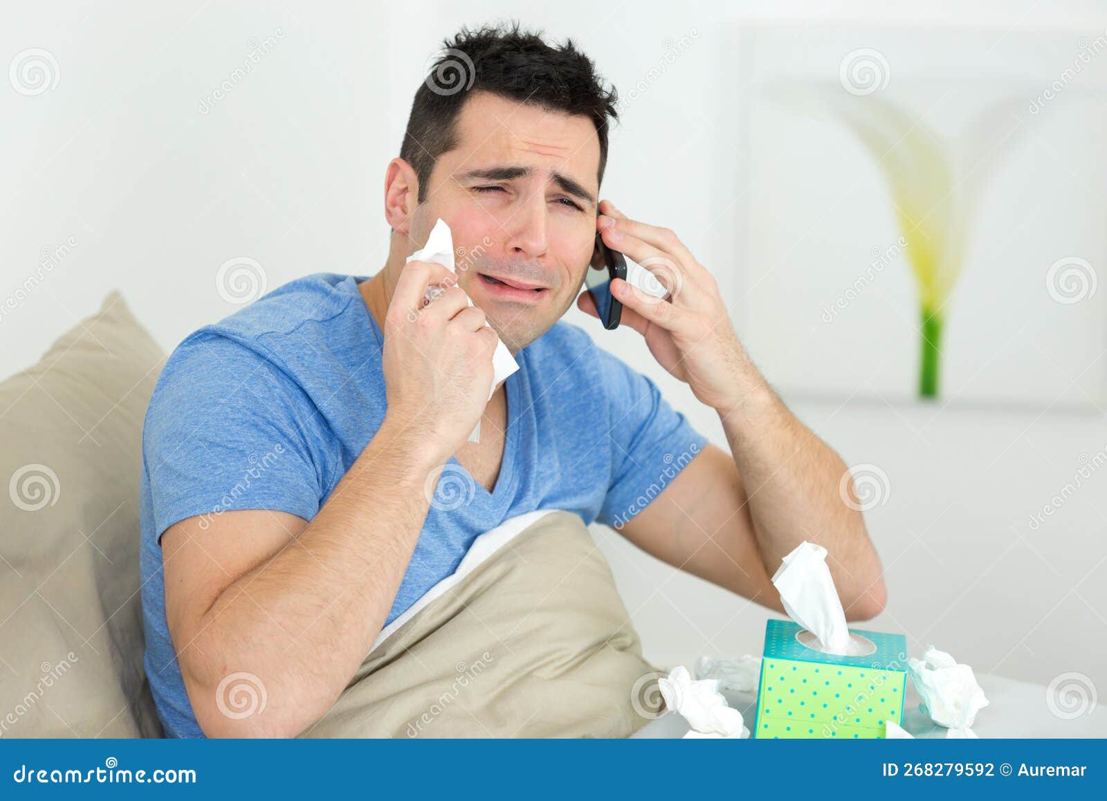 Man Crying on Phone at Home Stock Photo - Image of crying, expression ...
