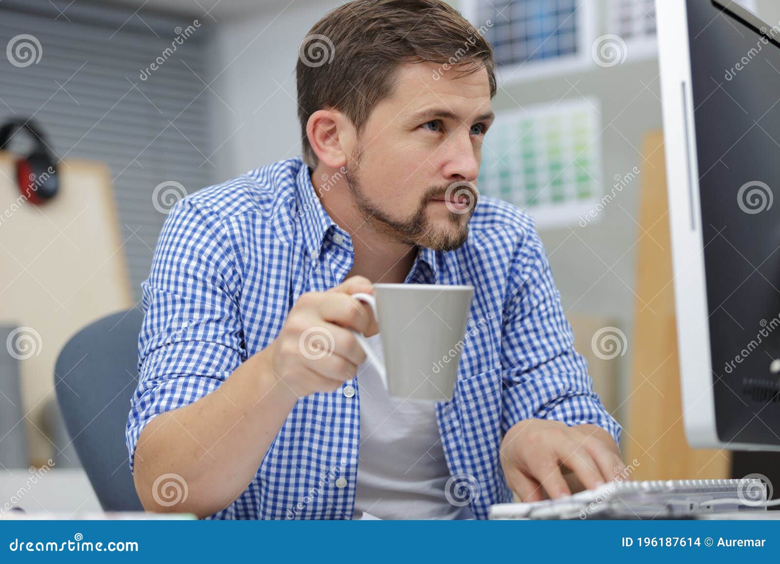 Man with Cup Coffee Sitting at Desk Stock Photo - Image of professional ...