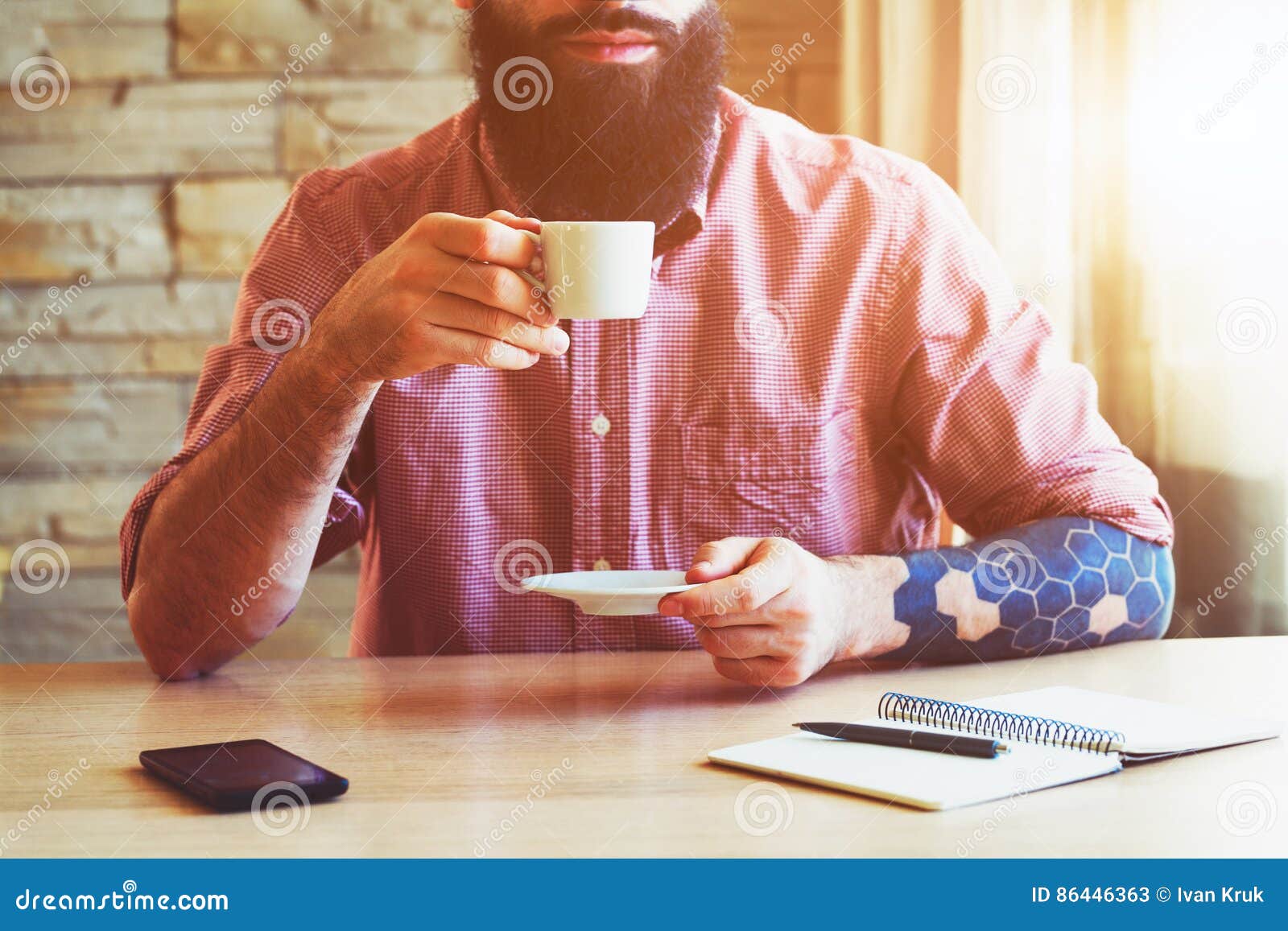 Man with Cup of Coffee Writing in Notebook Stock Image - Image of ...