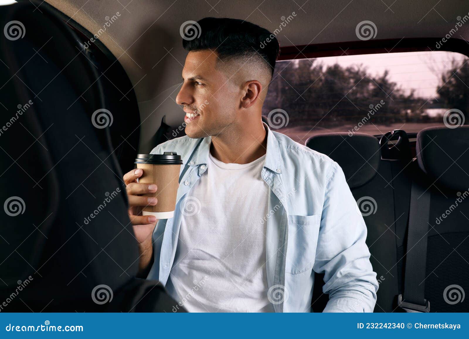 Man with Cup of Drink in Modern Taxi Stock Photo - Image of paper, male ...