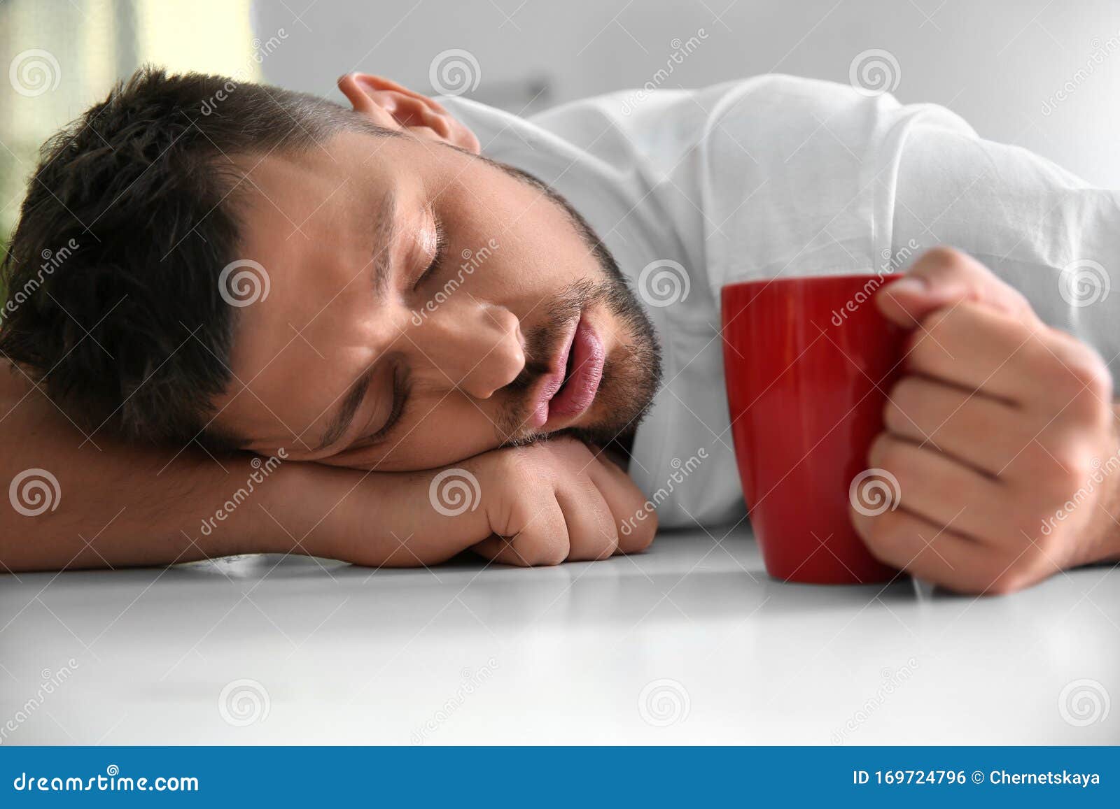 Man with Cup of Drink Sleeping at Home Stock Photo - Image of monday ...