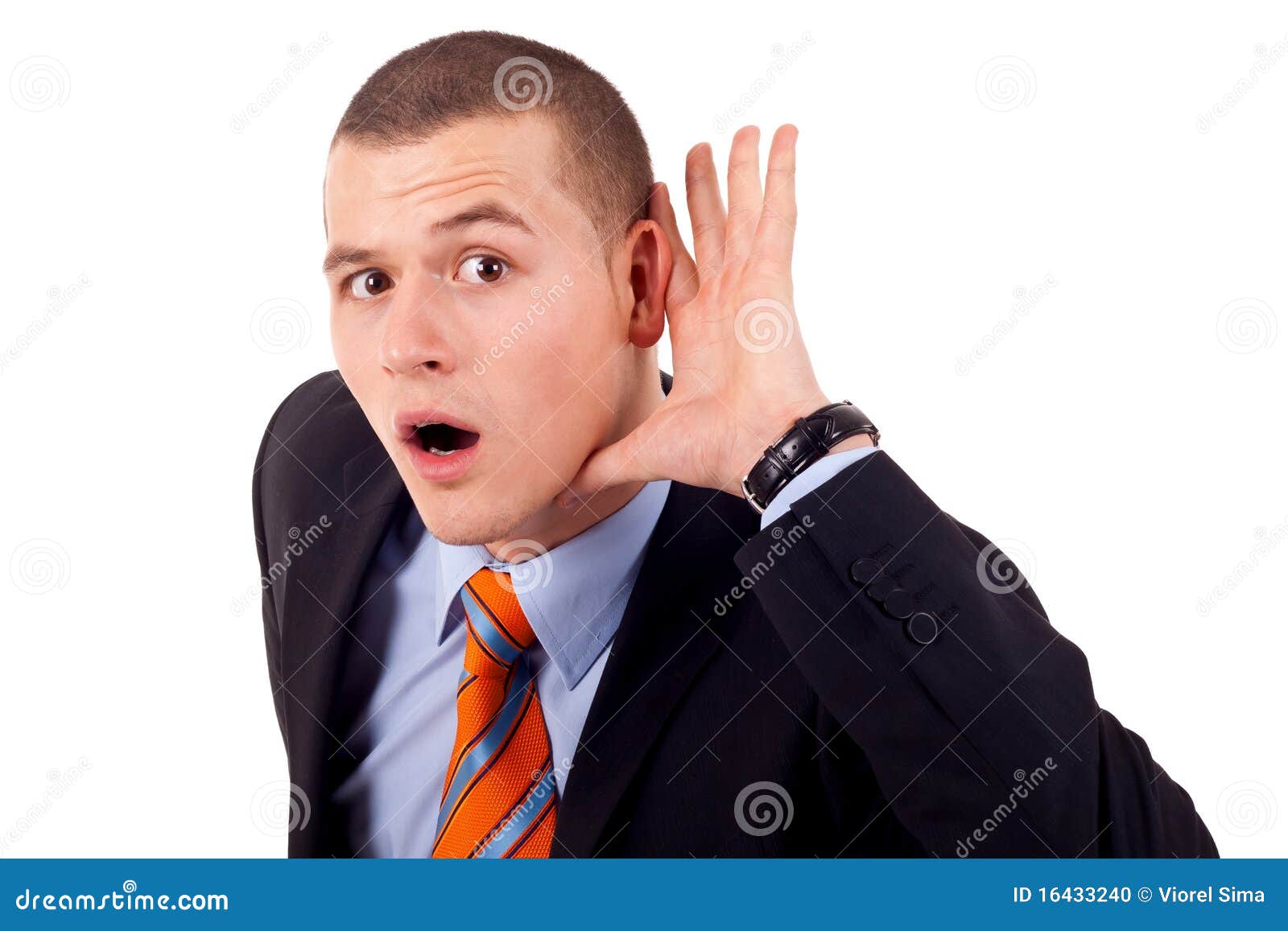 Man Cupping Hand Behind Ear Stock Photo - Image of face, shirt: 16433240