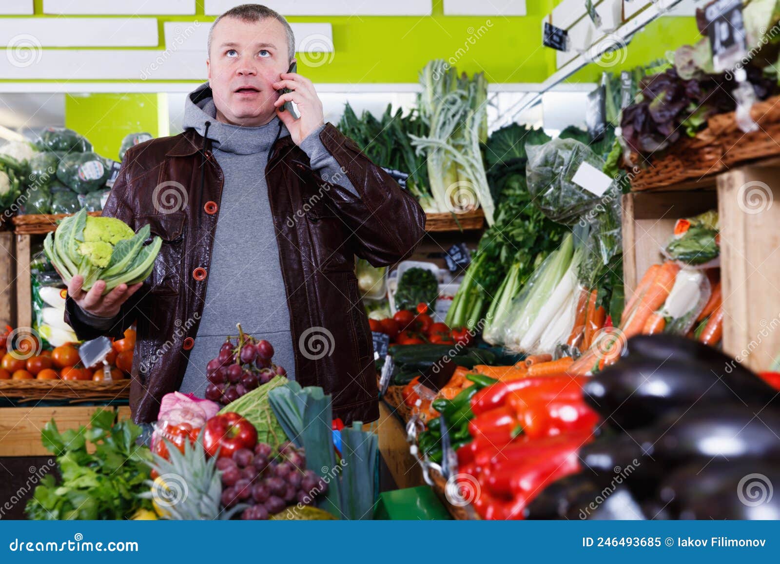 Man Customer Speaking by Phone in Vegetable and Fruit Shop Stock Image ...