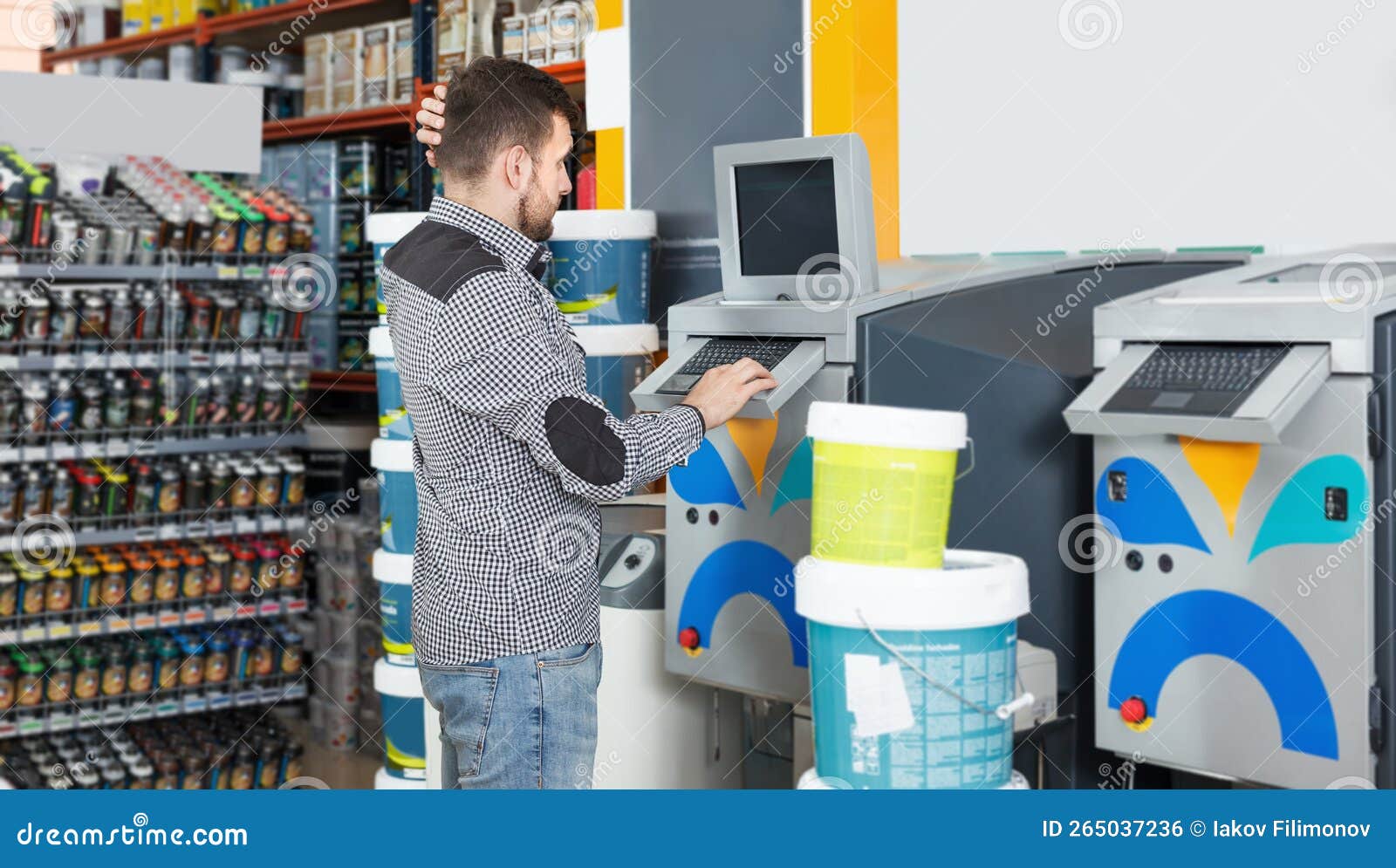 Man Customer Using Technical Computer in Paint Shop Stock Photo - Image ...