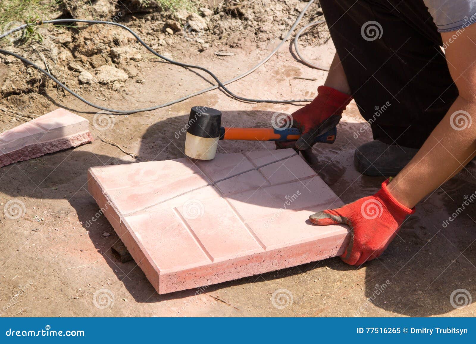 Man Cut Red Concrete Paving Slabs Stock Image - Image of flat ...