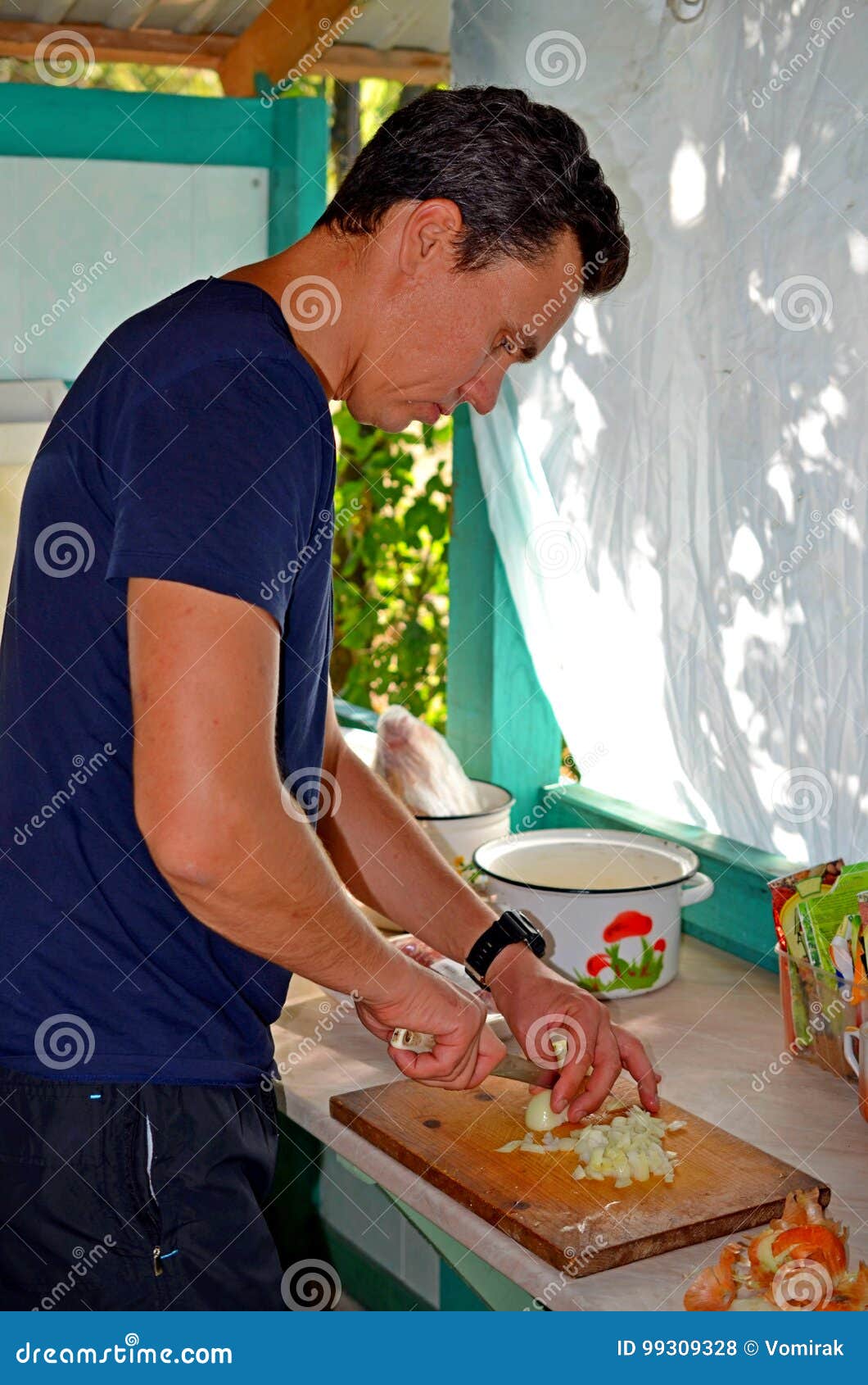 Man is Cooking for a Friendly Picnic Stock Photo - Image of cuts, knife ...