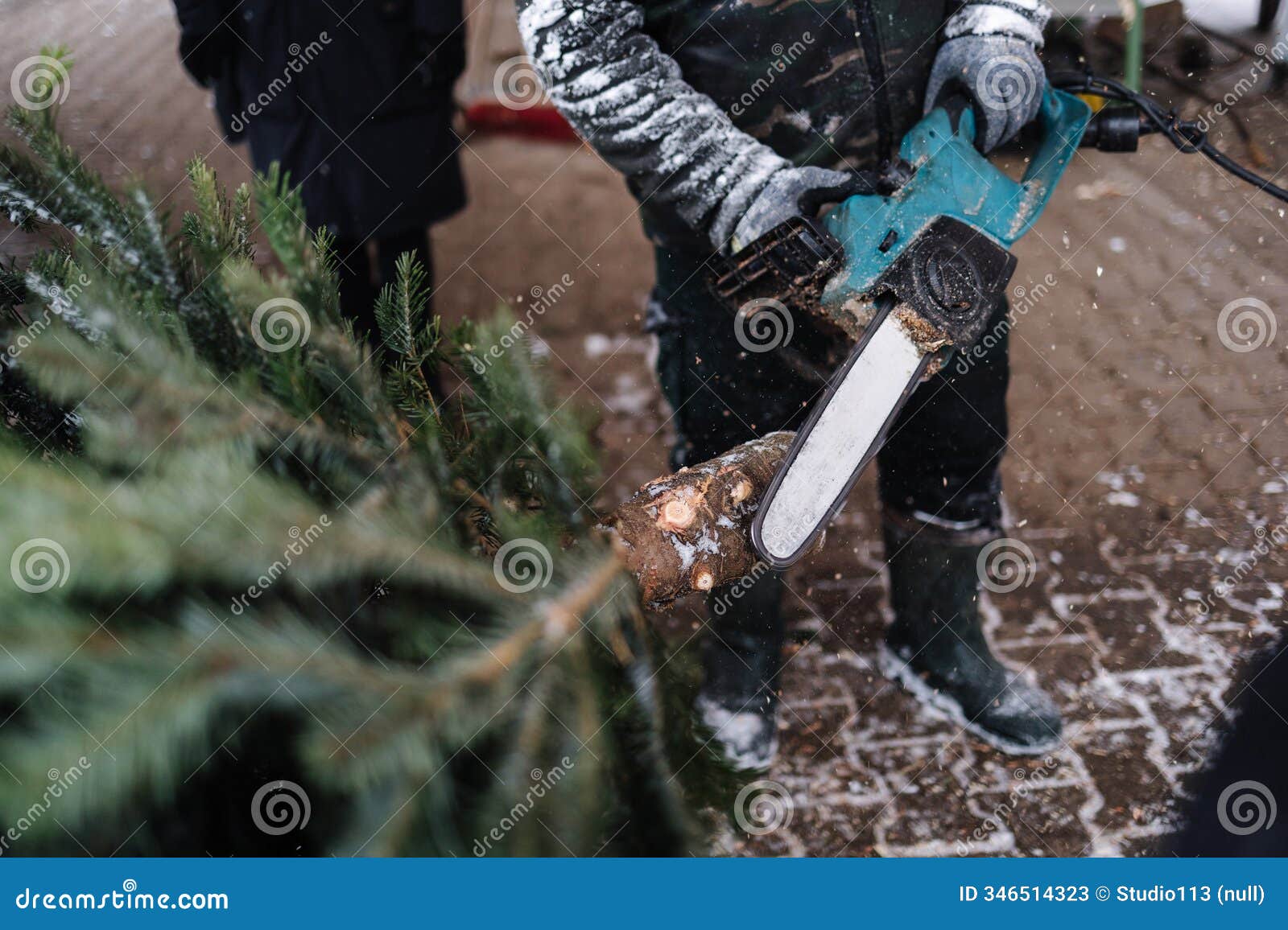 Man Cuts a Part of the Trunk from a Christmas Tree with a Chainsaw ...