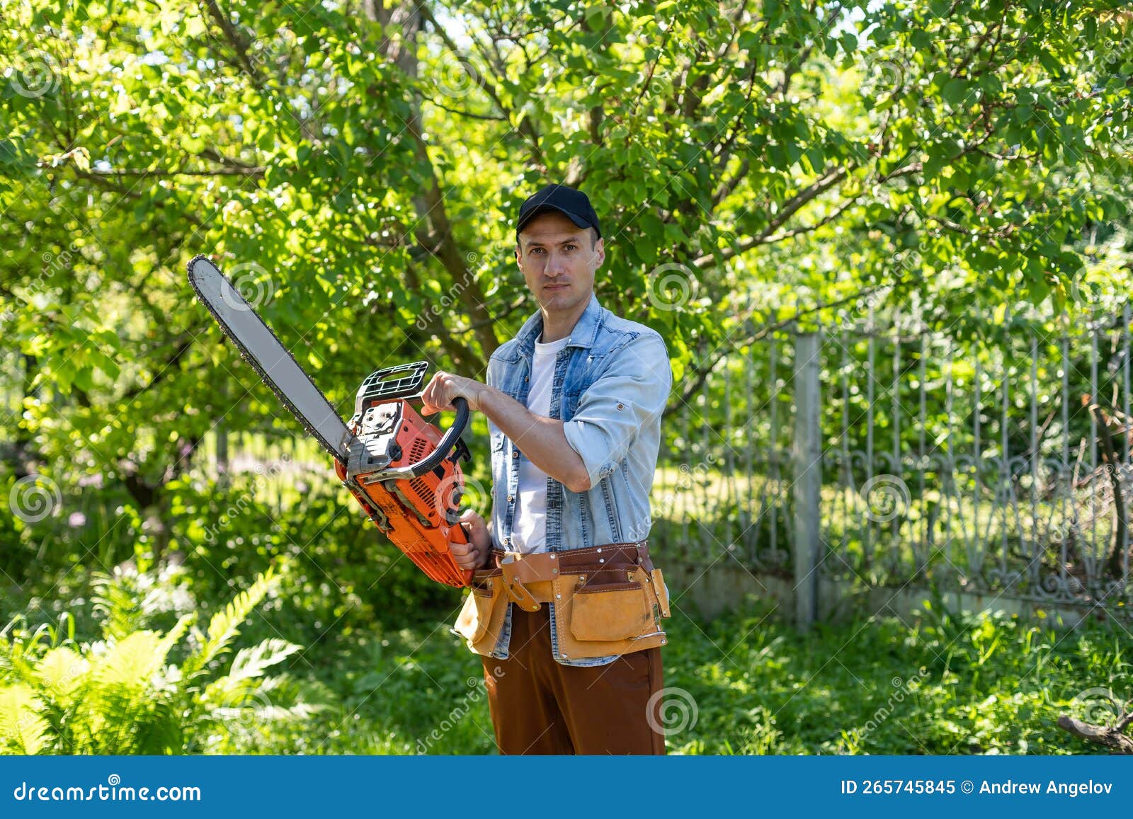 Man Cutting a Branch with Chainsaw Stock Image - Image of industry ...